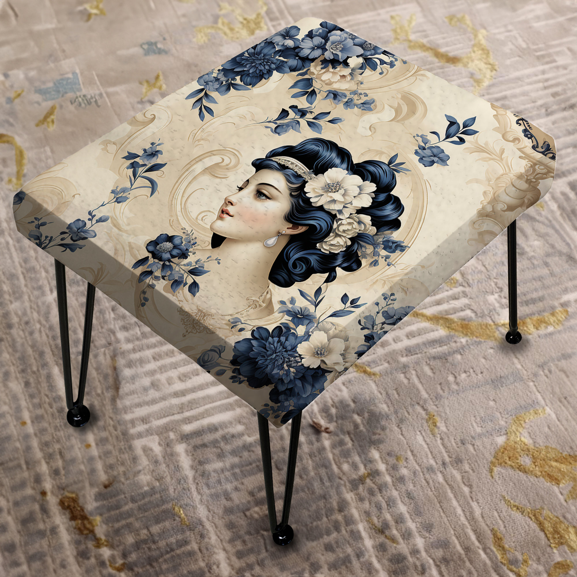 Design Art Blue Beige Victorian Cameo Portraits - Floral Rectangle ...