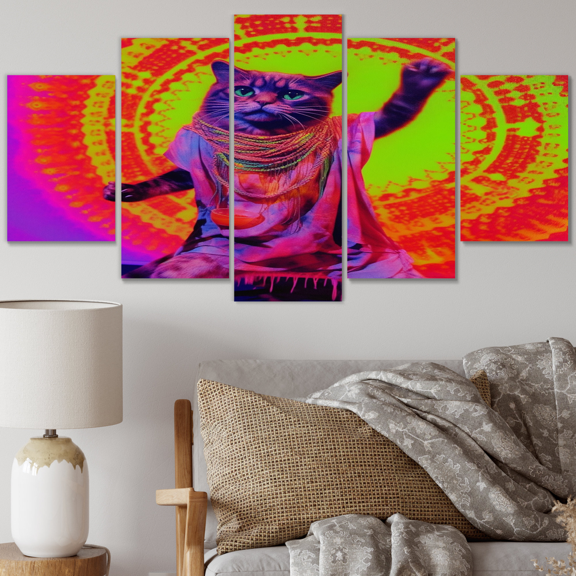 Trinx Rave Cat In Pink Neon - Animals Cat Canvas Wall Art - 5 Panels ...