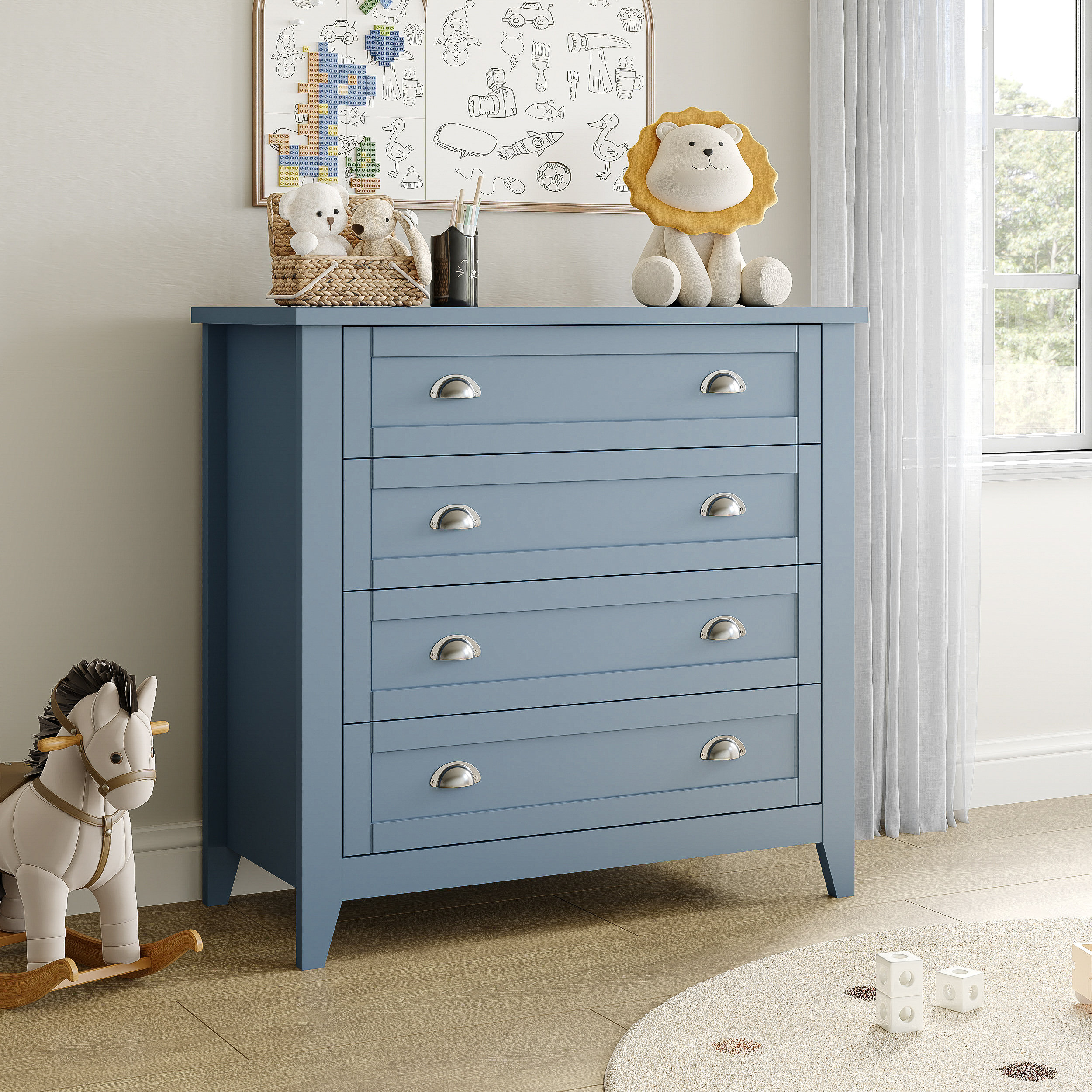 Winston Porter Custom Blue 4-Drawer Dresser With Silver Shell Handles ...