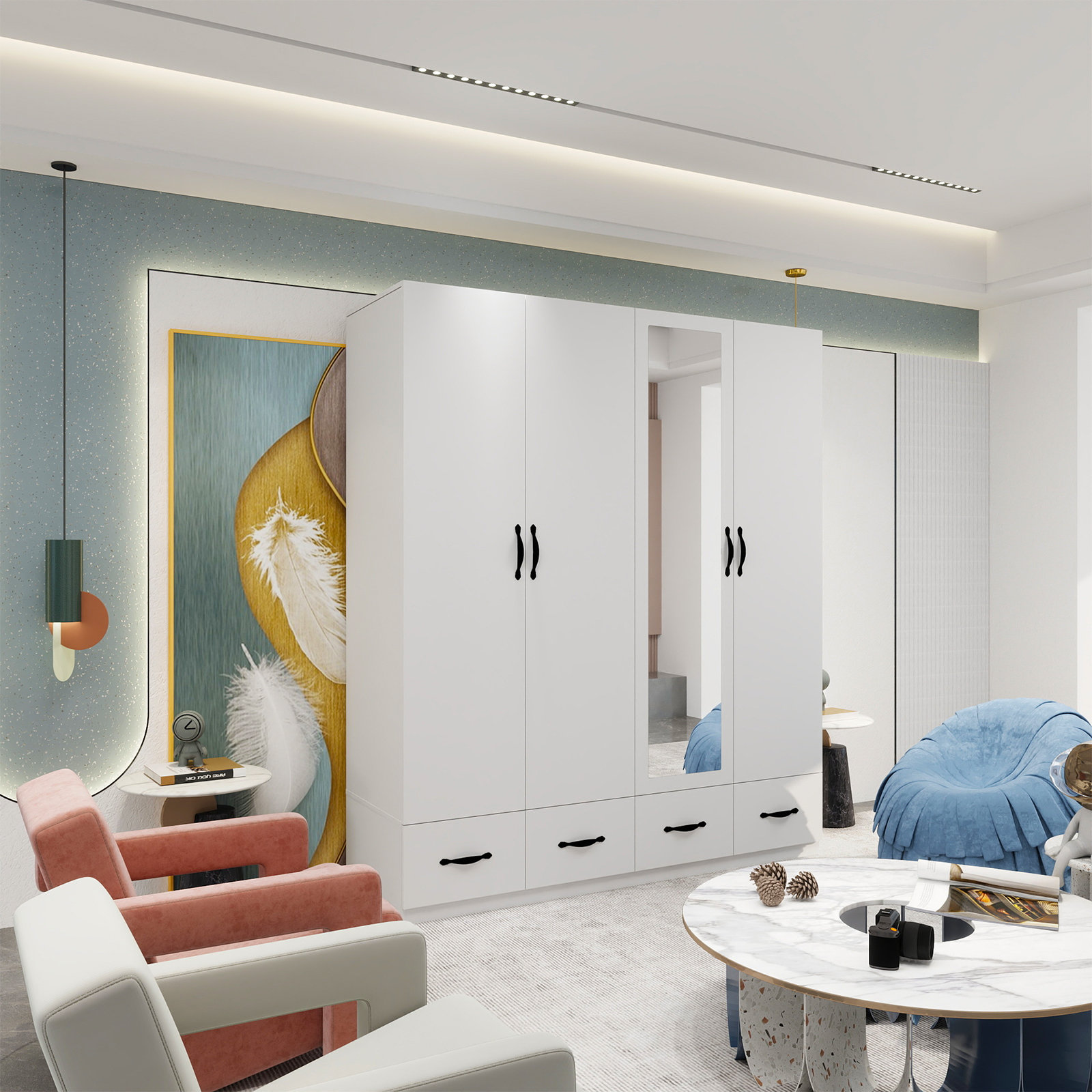 Latitude Run® 4-Door Wardrobe Armoires with 4 Drawers and 1 Mirror ...