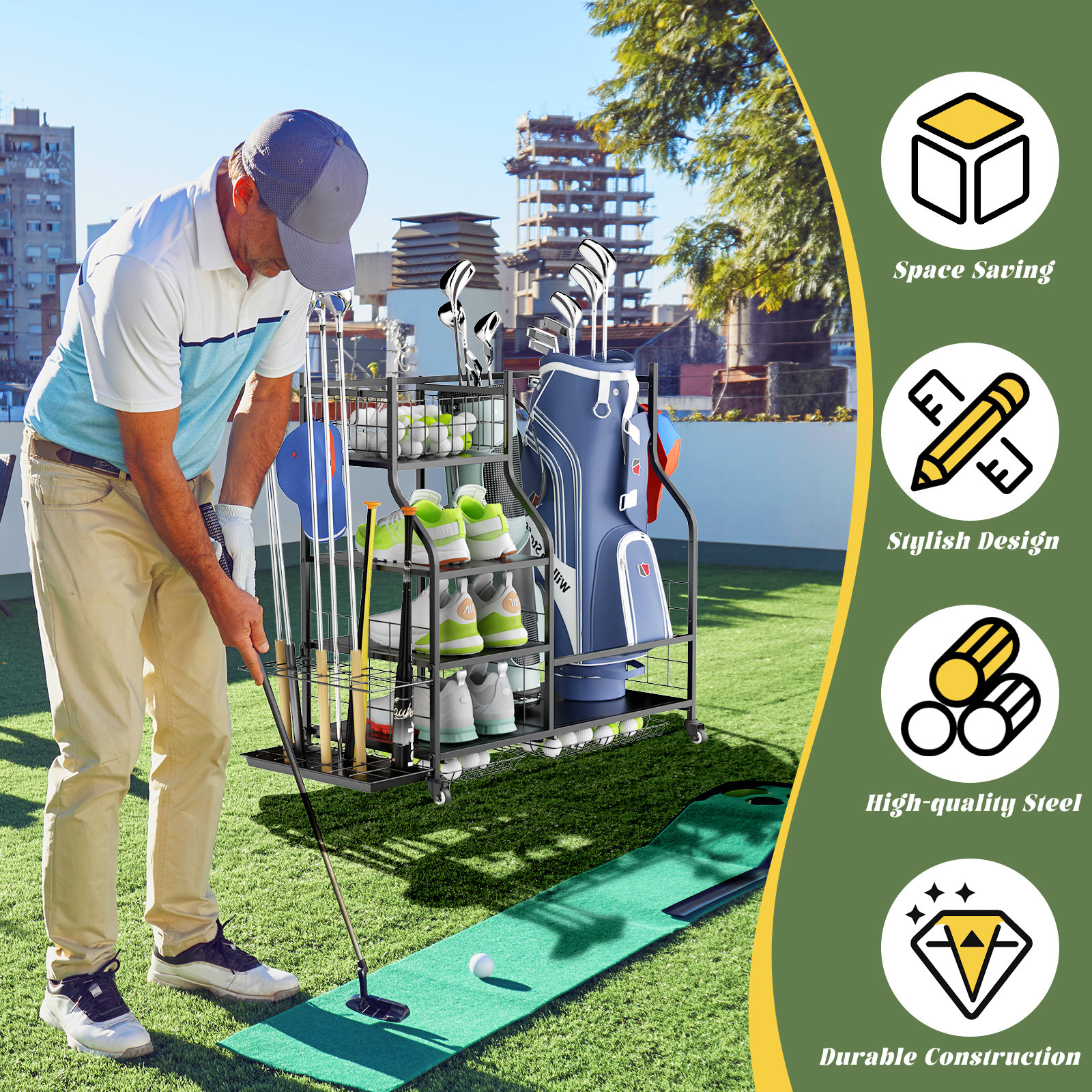 Latitude Run® Freestanding Golf Bag Storage Rack, 2 Golf Bags, Clubs ...