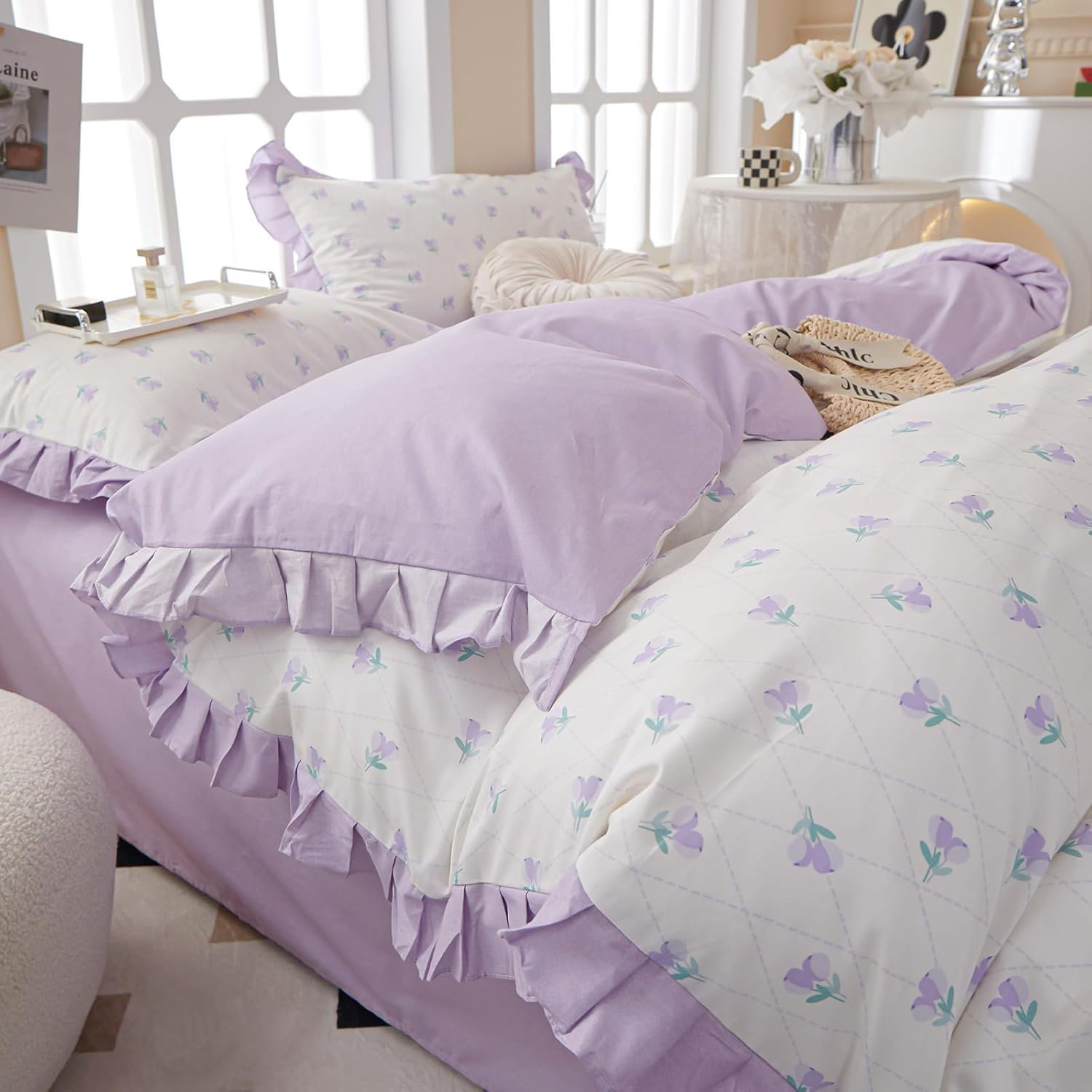 MODVAT 3PCS Ruffle Cotton Comforter Cover Chic Boho Aesthetic Purple ...