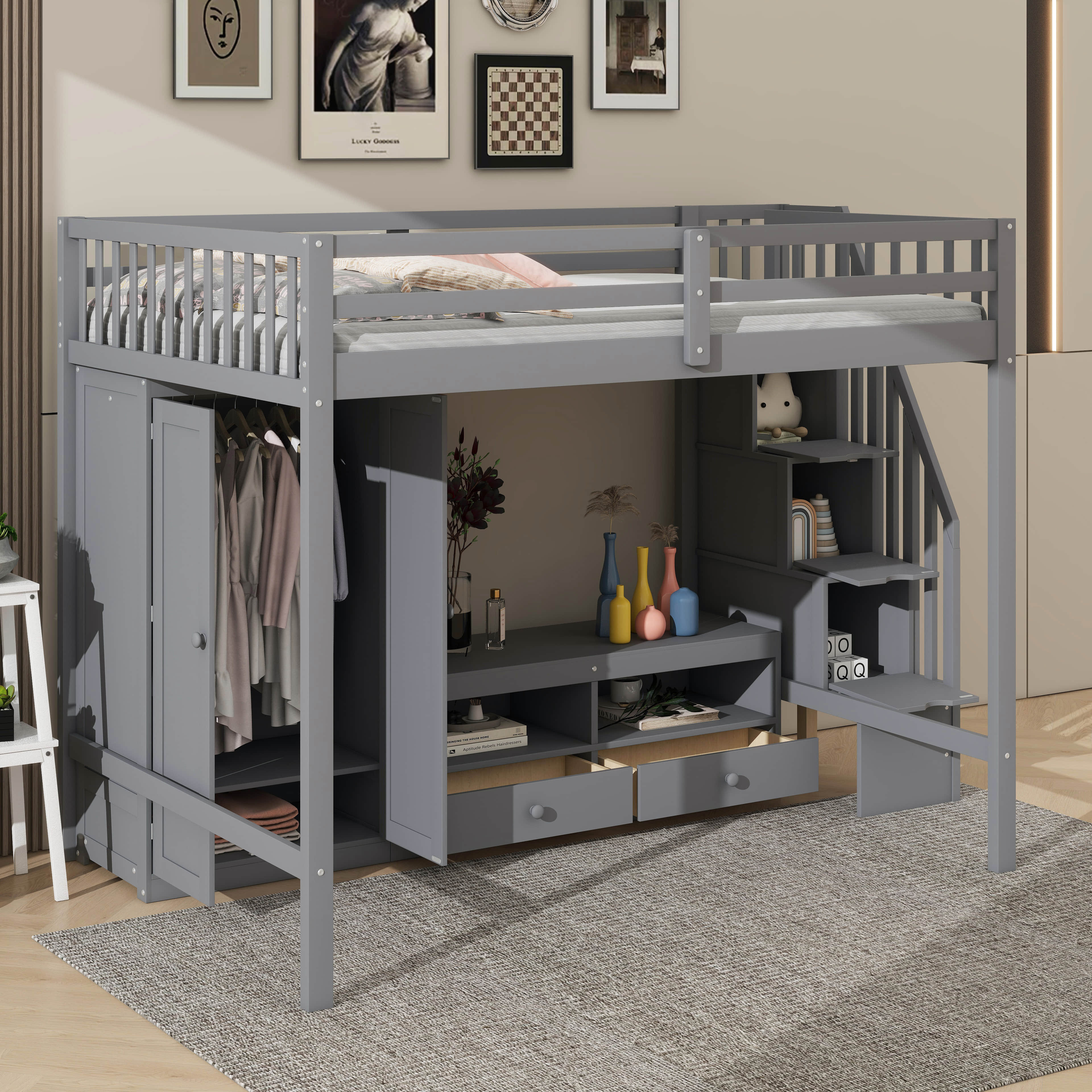 Latitude Run® Sturdy Full-Sized Elevated Bed Frame With Built-In Wardrobe And Storage Staircase ...