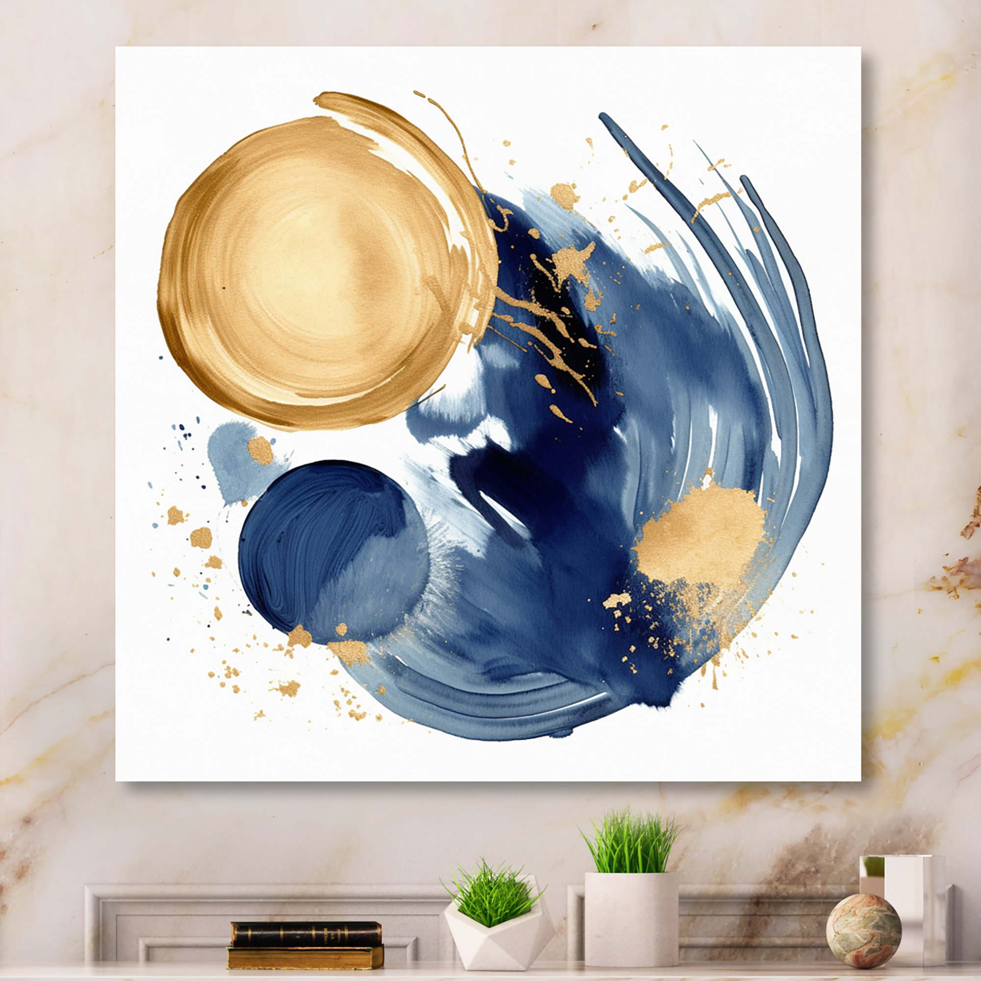 Ivy Bronx Dark Blue & Gold Abstract Circle Texture II Framed On Canvas ...