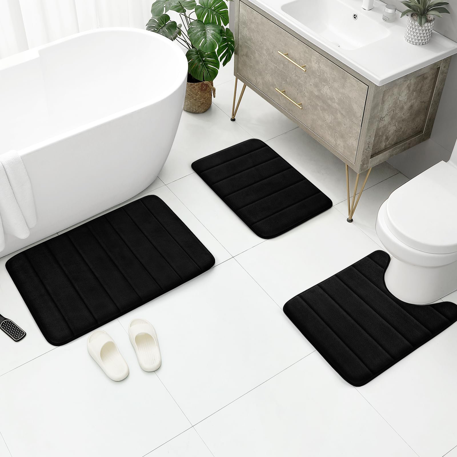 Latitude Run® Black Memory Foam Bathroom Rug Set 3 Piece, Non Slip ...