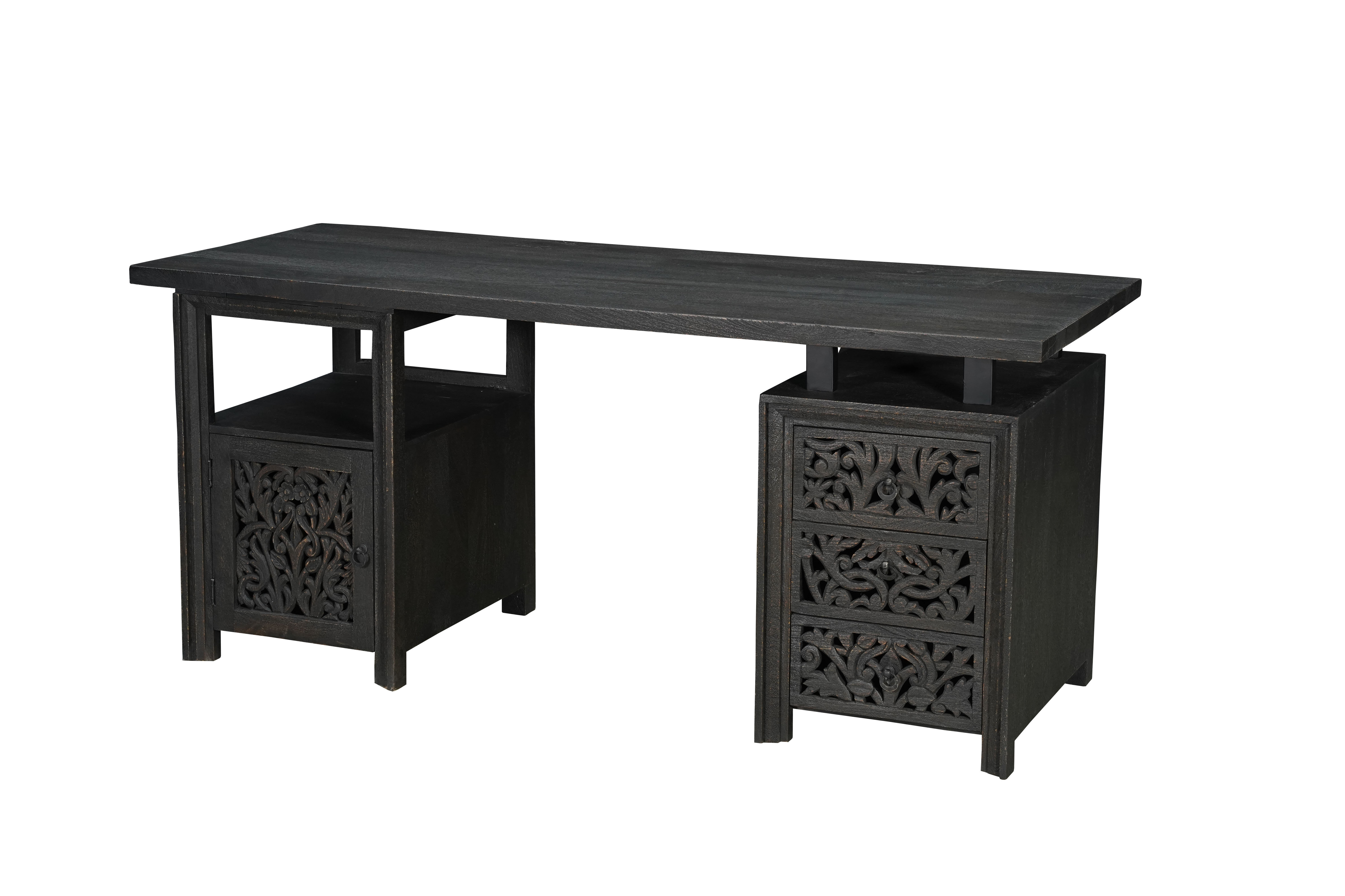Bungalow Rose 3-drawer 1-door Floral Carved Solid Wood Desk | Wayfair