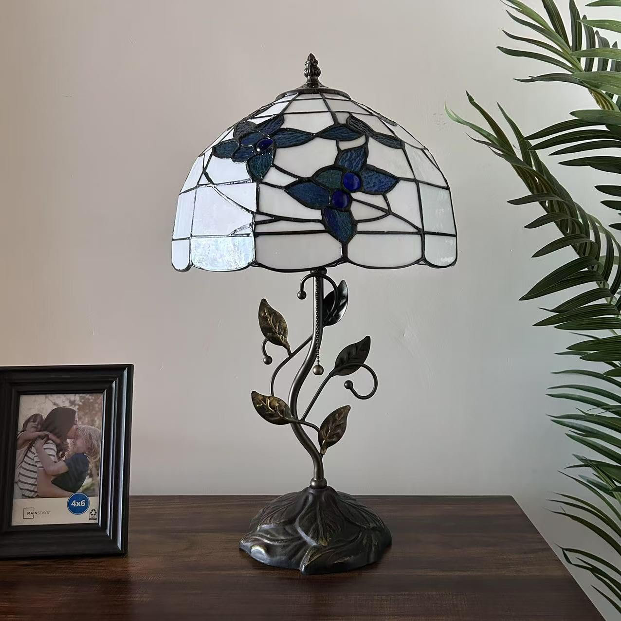 Fleur De Lis Living Tiffany Table Lamp White Stained Glass Blue Flowers ...