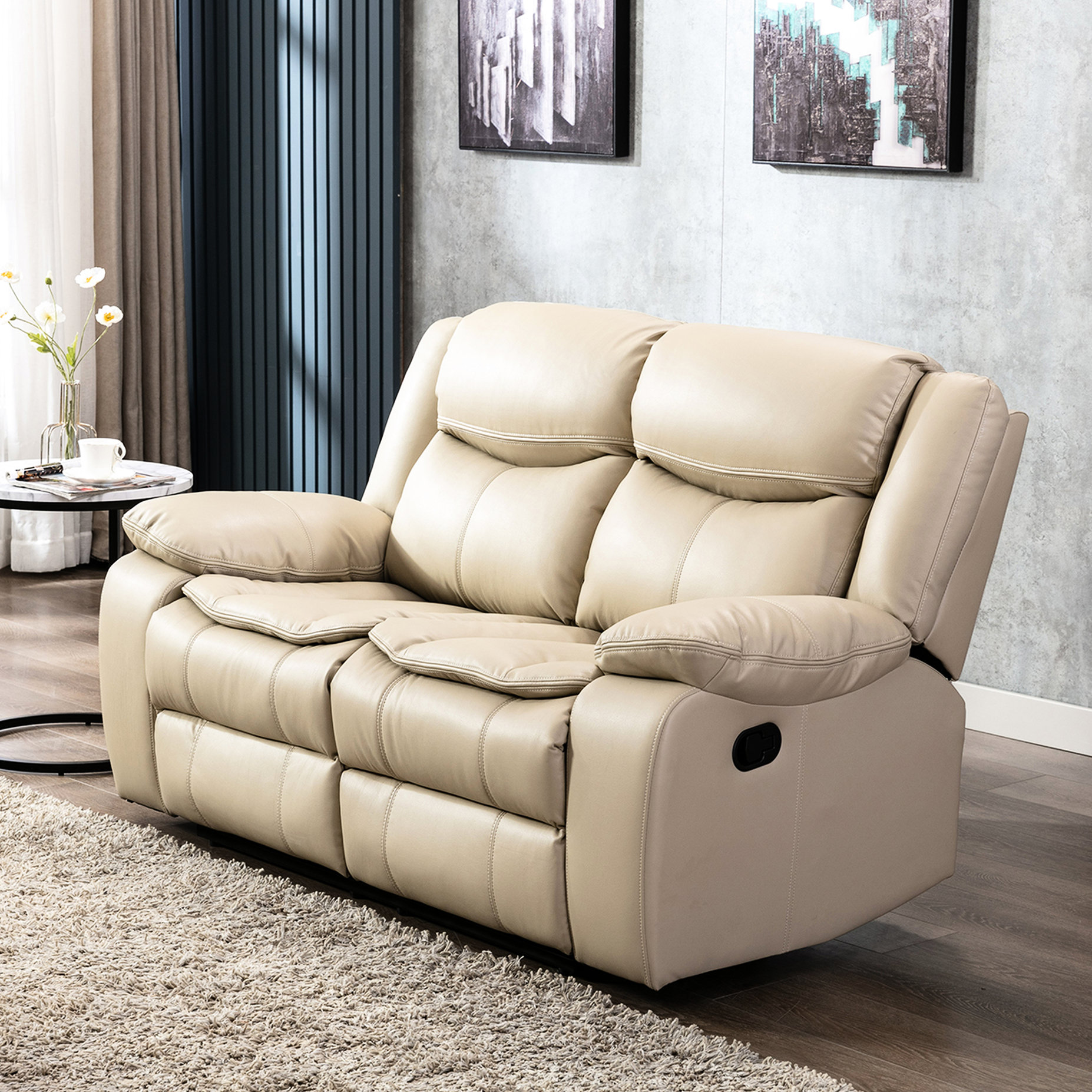 Wildon Home® Living Room's Cream Leather Manual Reclining With Two ...