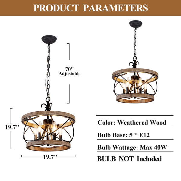 Ophelia & Co. Awtumn 19.7 Inch Farmhouse Drum Wood Chandelier, 5-Light ...