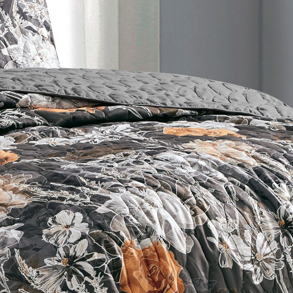 ESCA Helbah Gray/Black/Orange Microfiber 3 Piece Coverlet / Bedspread ...