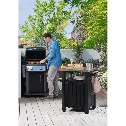 Keter Unity 40 Gal Patio Storage Grilling Bar Cart w/ Stainless Steel ...