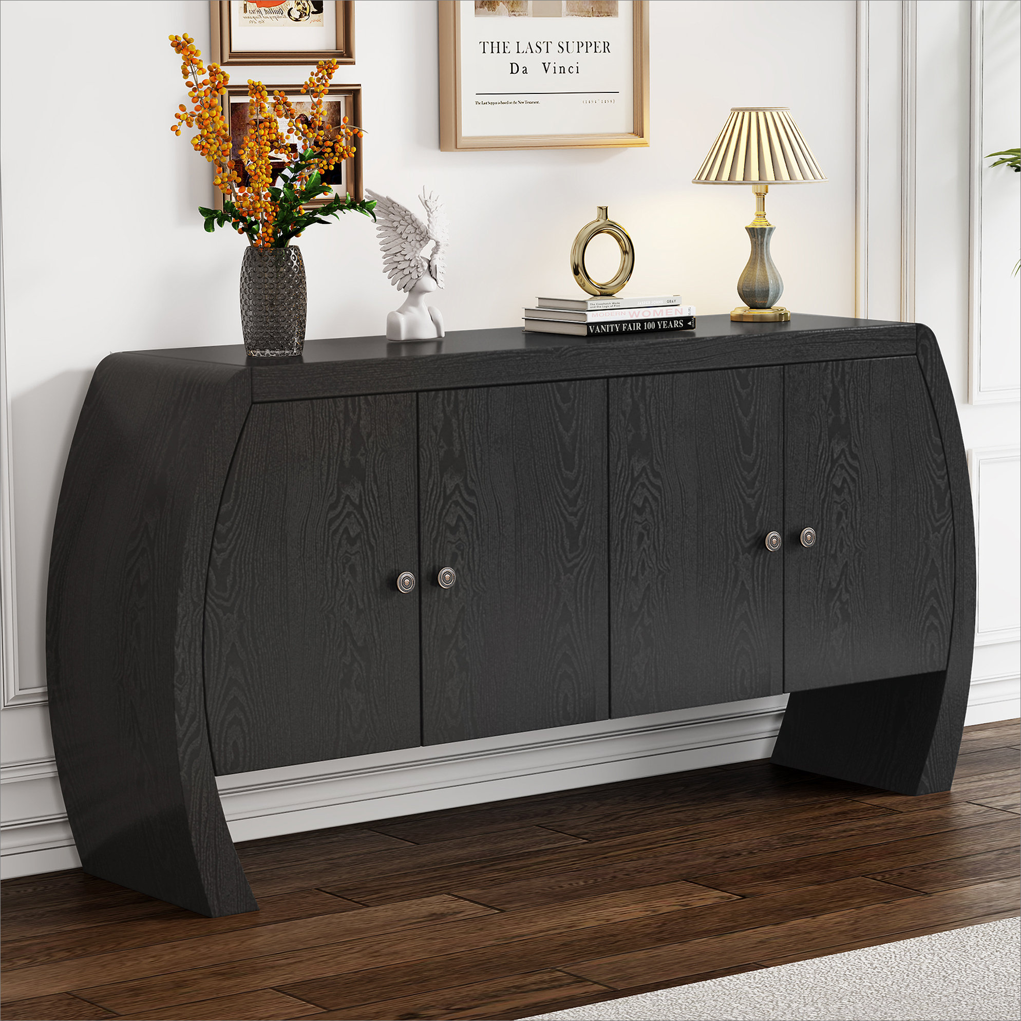 Ivy Bronx U-Style Four-Door Ash Veneer Storage Cabinet with Curved Legs ...