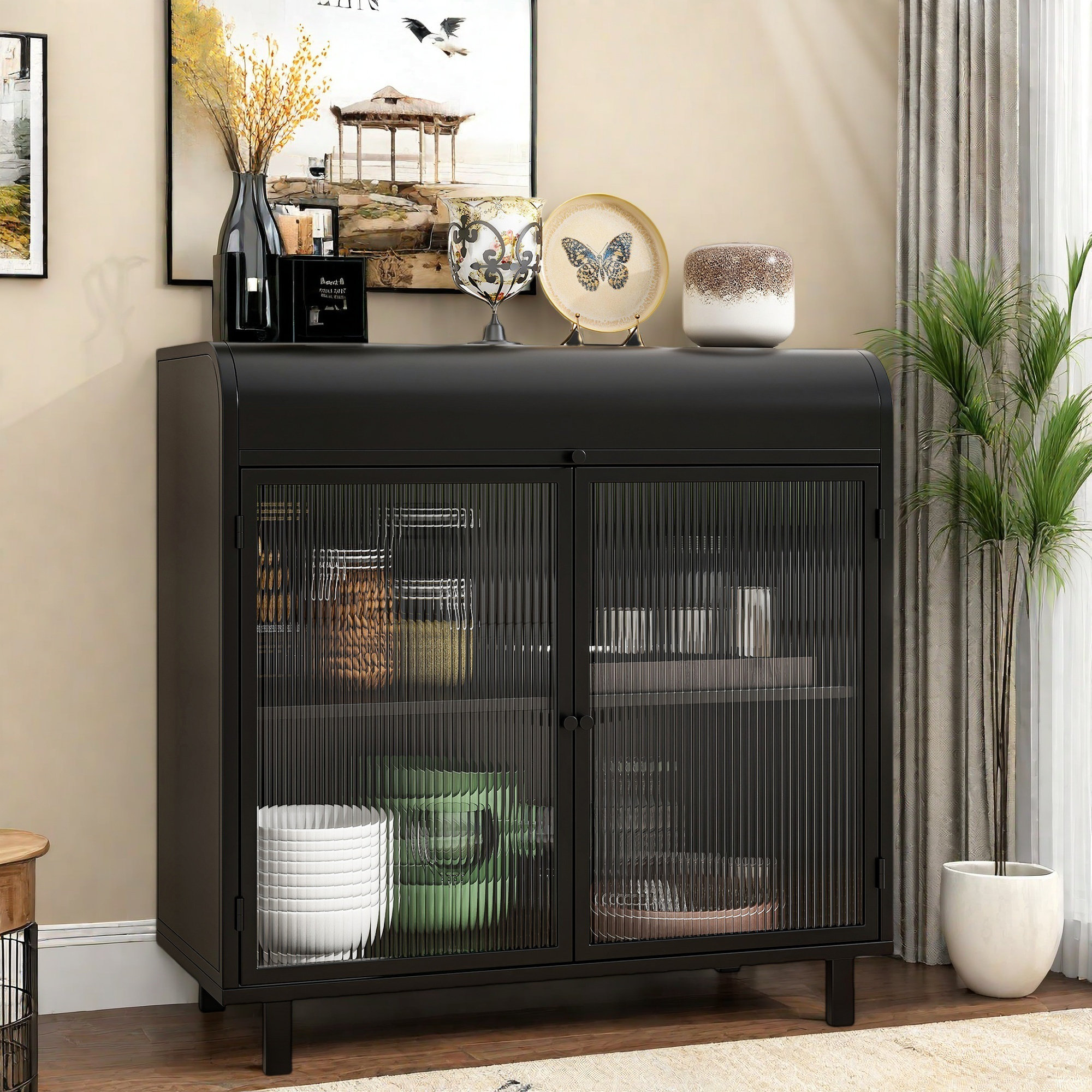 Latitude Run® Modern Sideboard With Tempered Figured Glass Doors, Flip ...