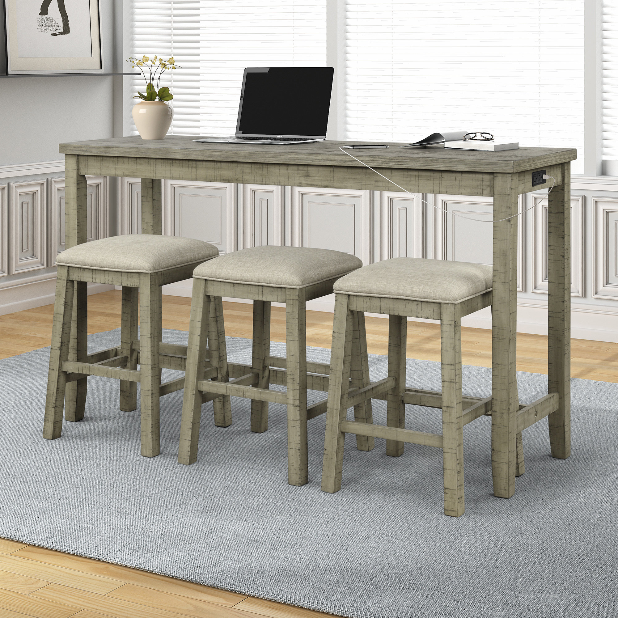 Gracie Oaks Compact Counter Height Table with Fabric Padded Stools and Built-in Charging, Rustic ...