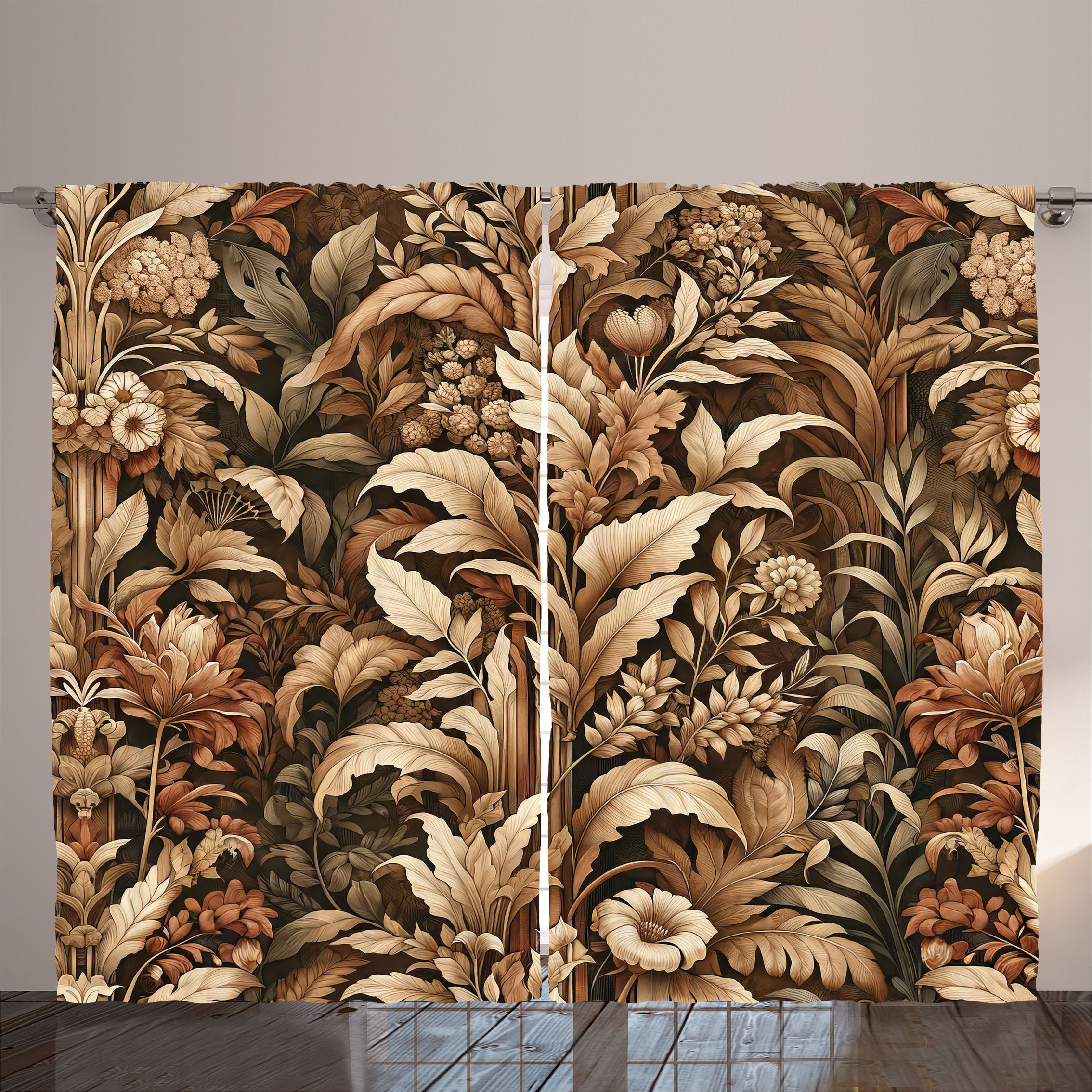 Ambesonne Curtains 2 Panel Set, Earthy Colors Fall Flourishes, Dark ...