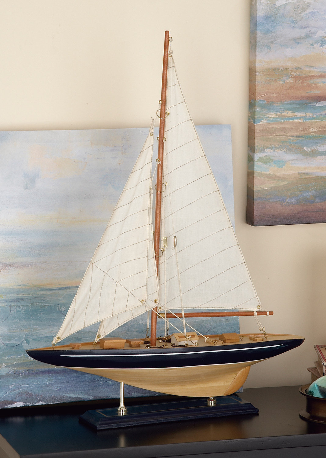 Breakwater Bay Wood Sail Boat Decorative Sculpture with Beige and Navy ...