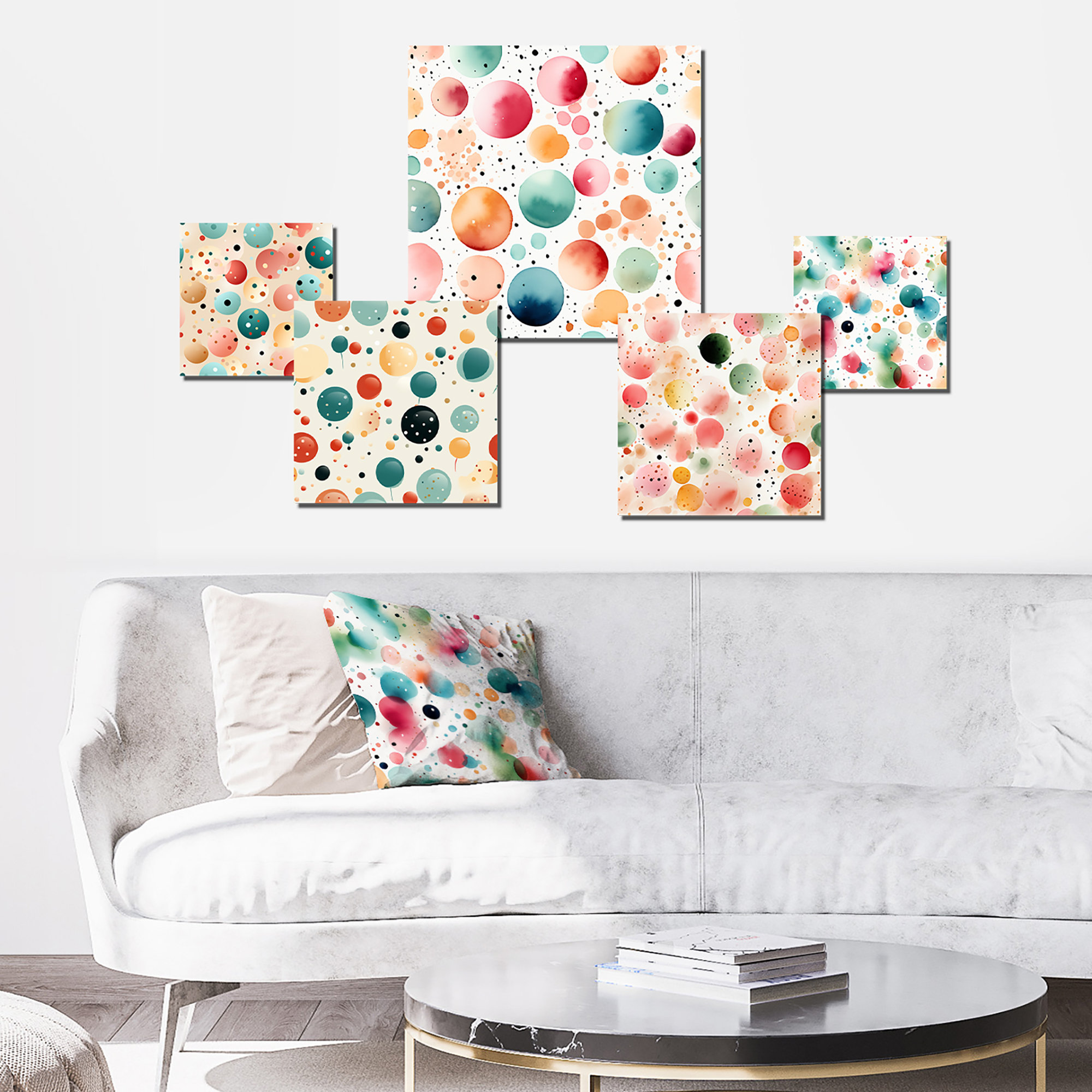 Design Art Coral And Blue Elegant Polka Dots Bliss II - Polka Dots Wall Decor Set Of 5 | Wayfair