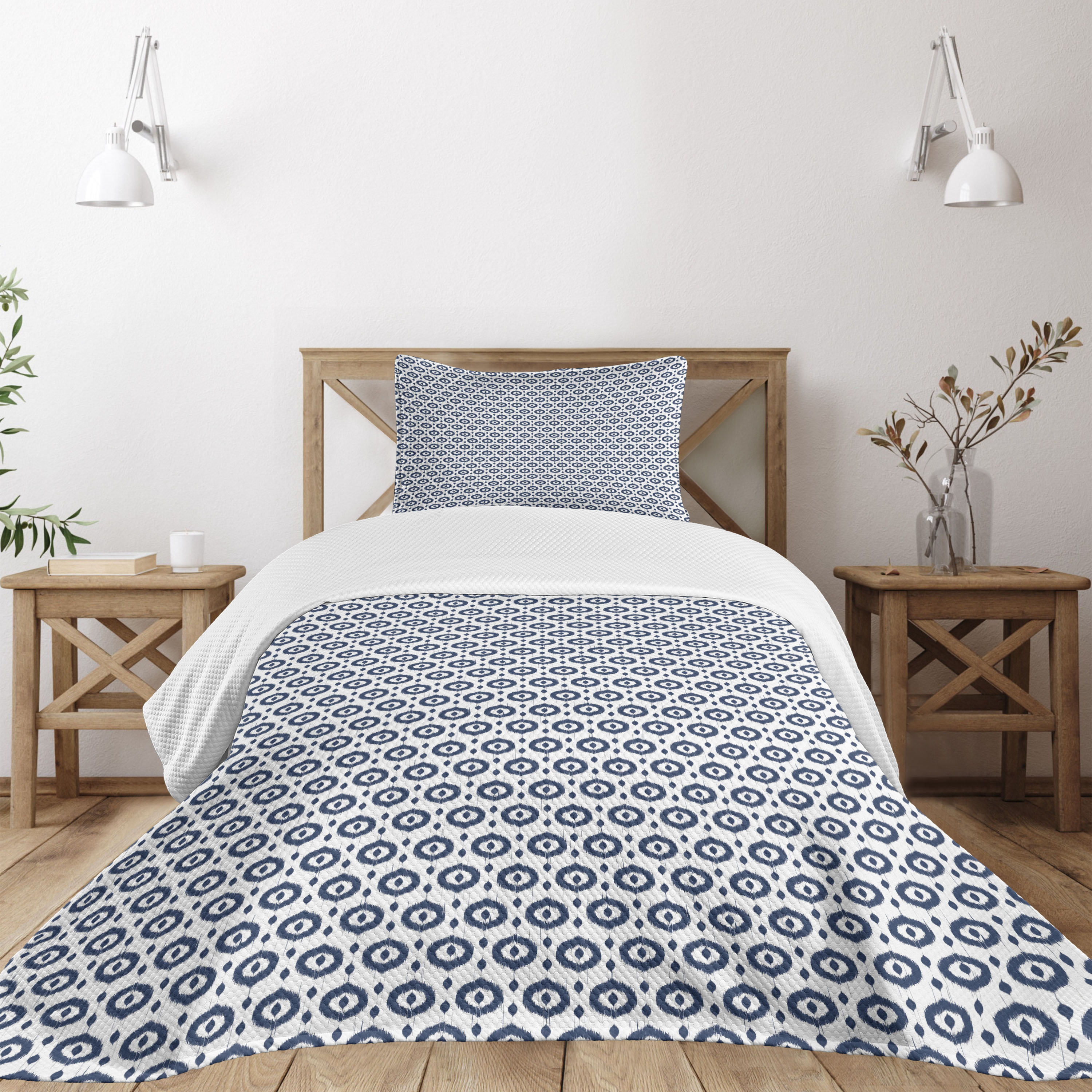 Ambesonne Ikat Bedspread Set Traditional Circles Dots Night Blue White ...