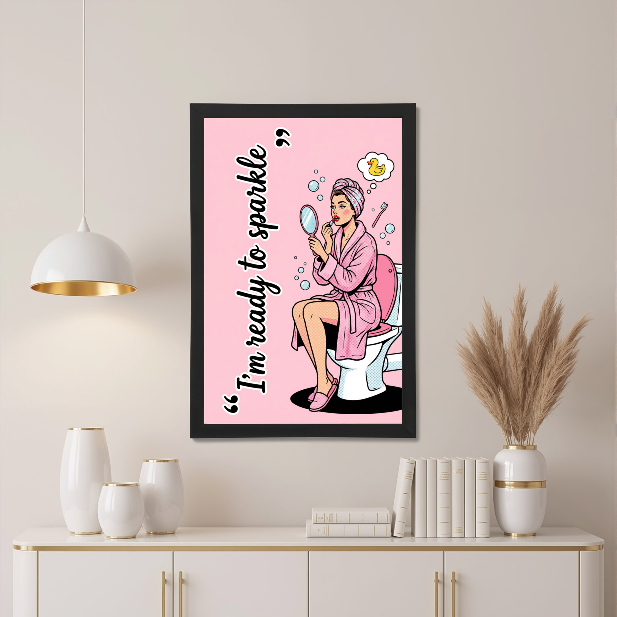 Mercer41 Retro Woman In Pink Robe With Mirror And Duck Bubble Canvas ...