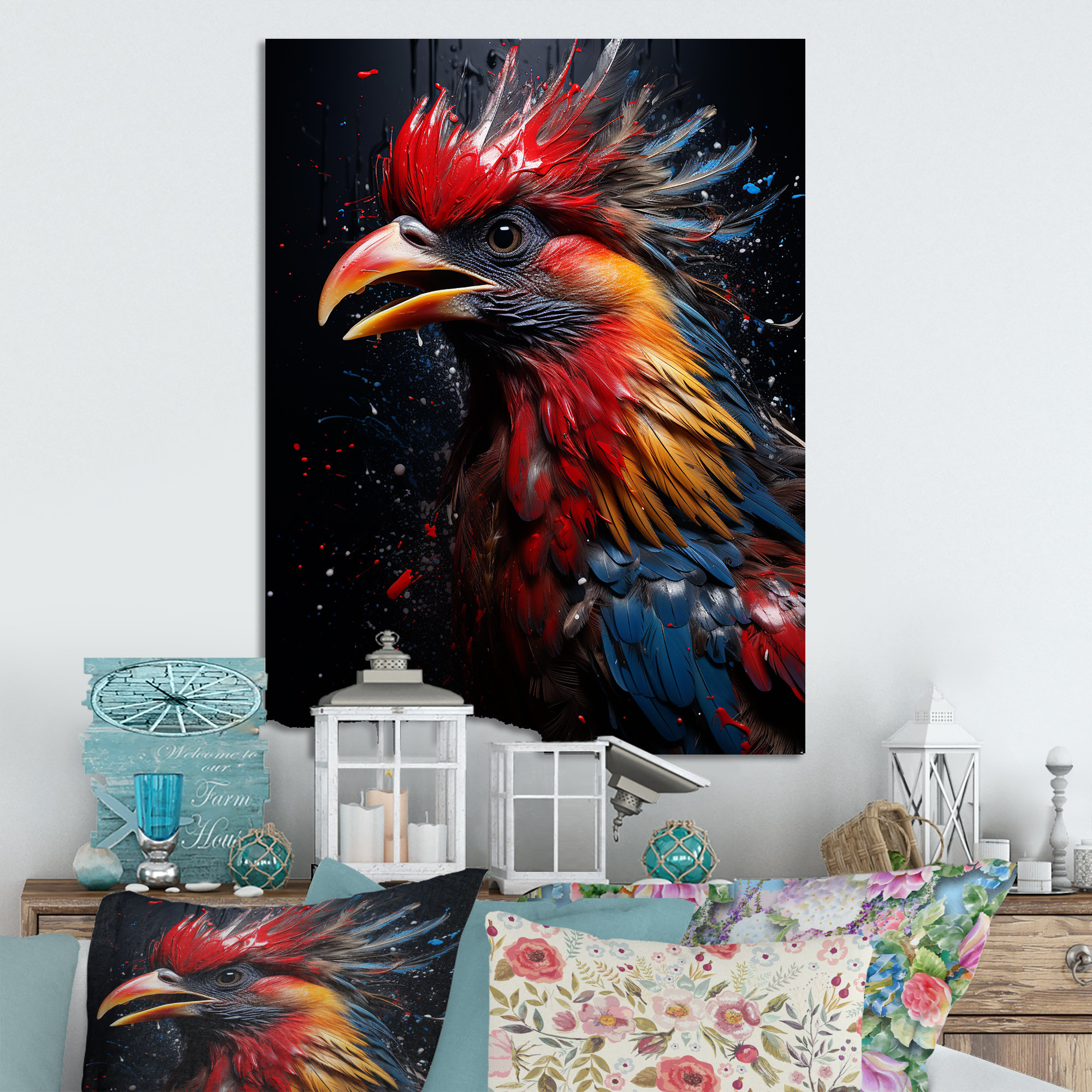 August Grove® Blue Red Rooster Chorus Portrait I - Rooster Animal Metal ...
