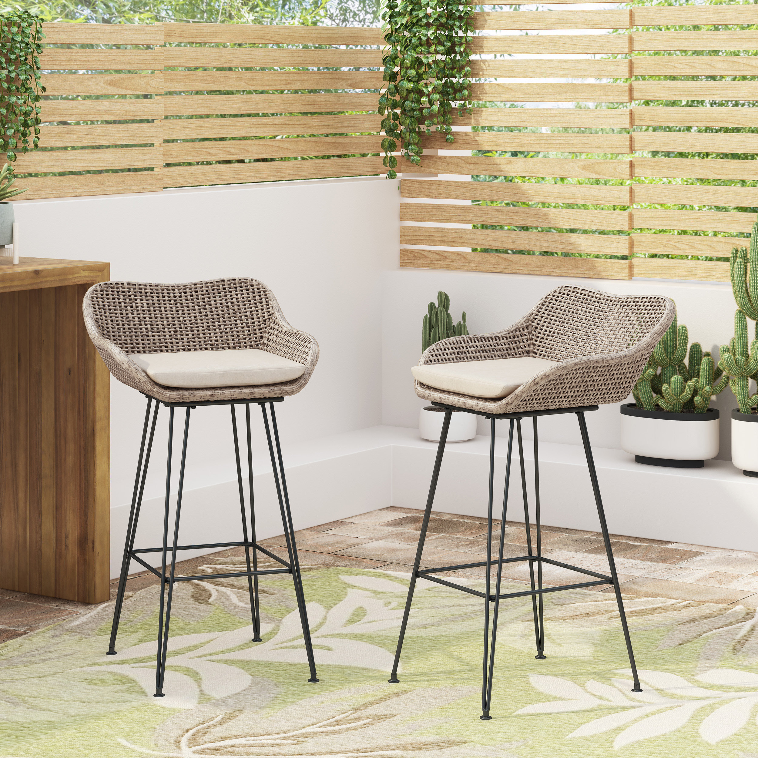 Beachcrest Home Ballew Wicker Outdoor 29.25'' Bar Stool with Cushion ...