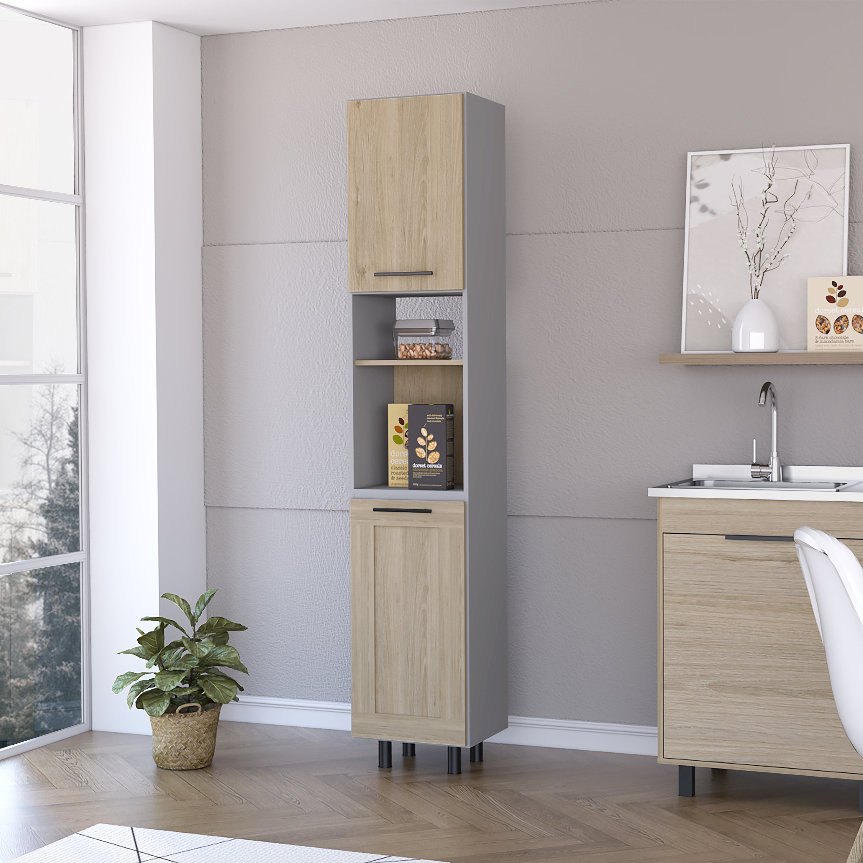 Ebern Designs Devoux 2-Door 2-Shelf Kitchen Pantry Light Pine and Grey ...