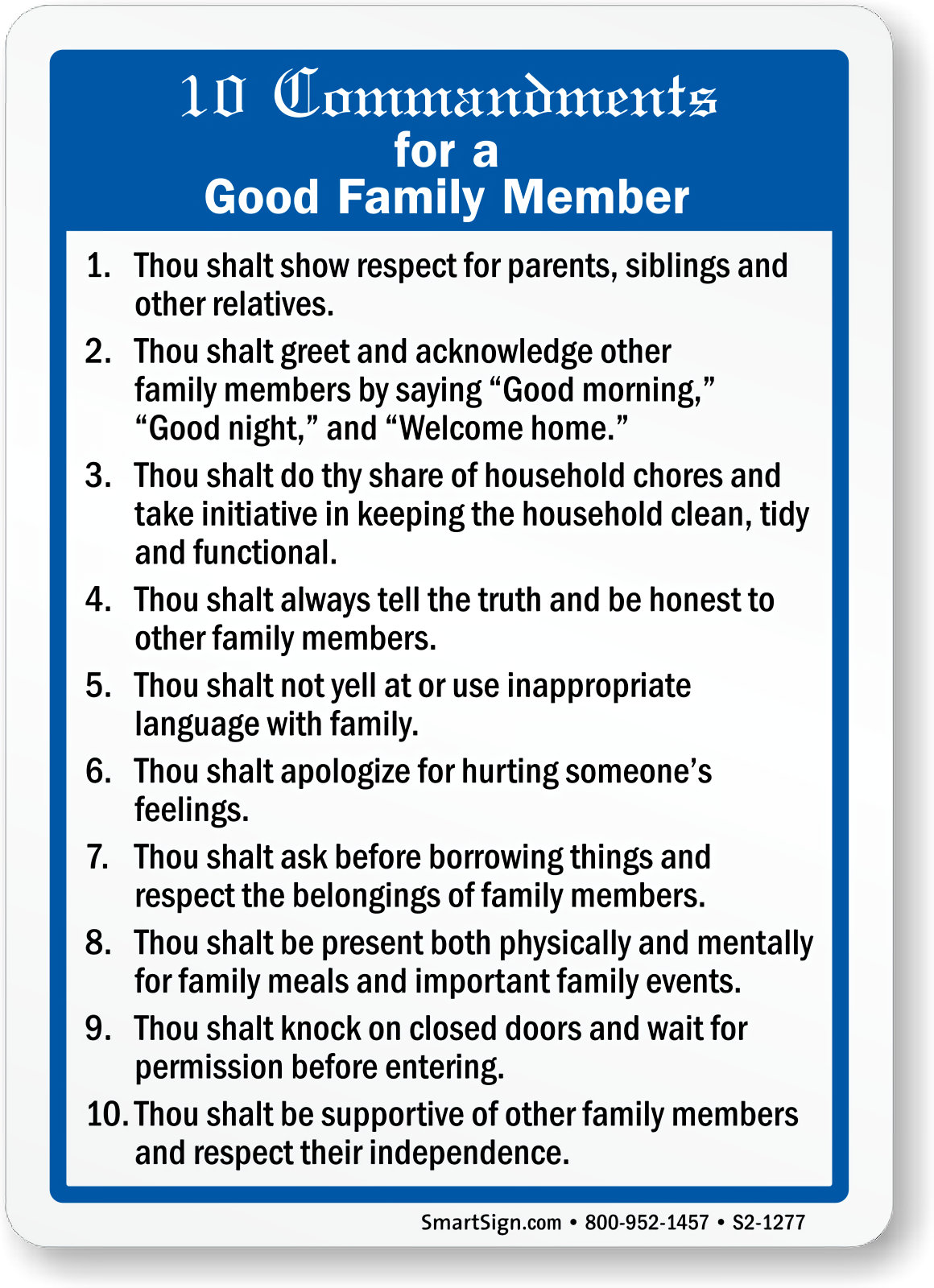 SmartSign 10 Commandments For A Good Family Member 10" X 14" Laminated ...