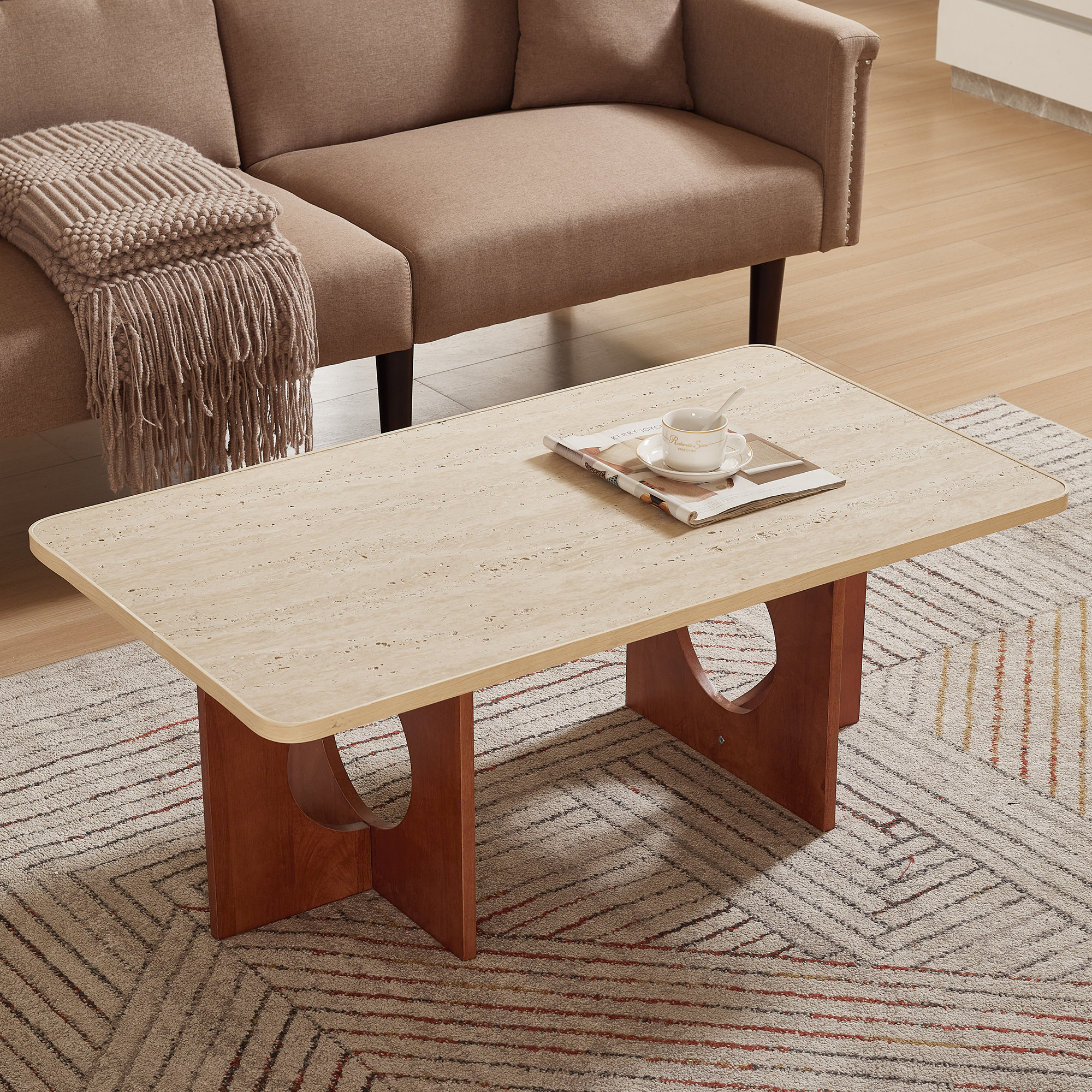 Latitude Run® 42" Modern Travertine Textured Coffee Table – Rectangular ...