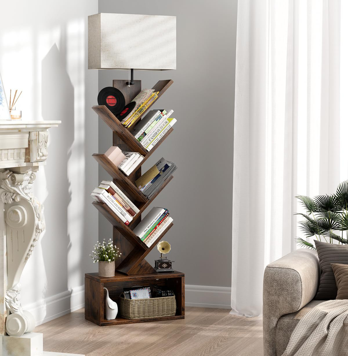 Millwood Pines 6 Tier Tree Bookshelf with Light, Narrow Bookcase Tower ...