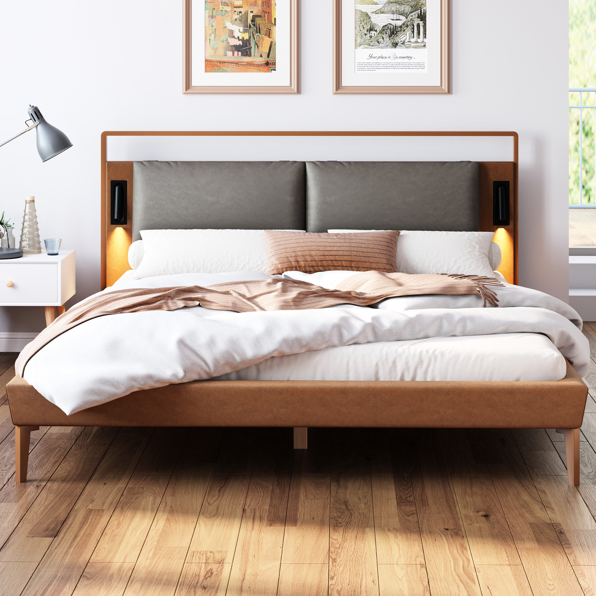 Latitude Run® Full Size Brown & Gray Faux Leather Bed With 2Pcs Night ...