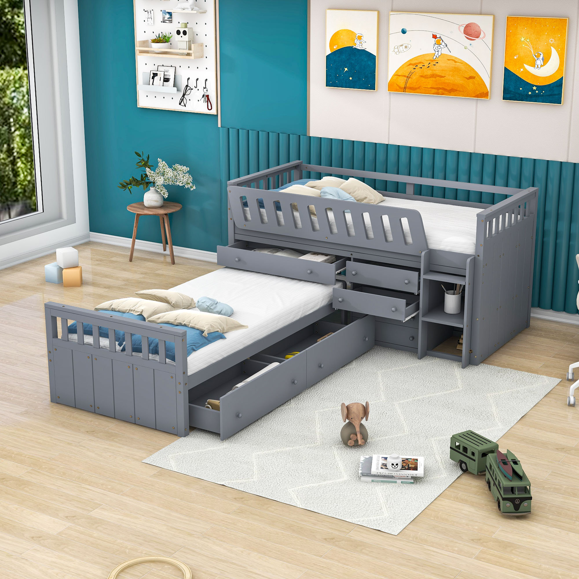 Harriet Bee Keithon Twin Over Twin Seven Drawers Wood Bunk Bed ...