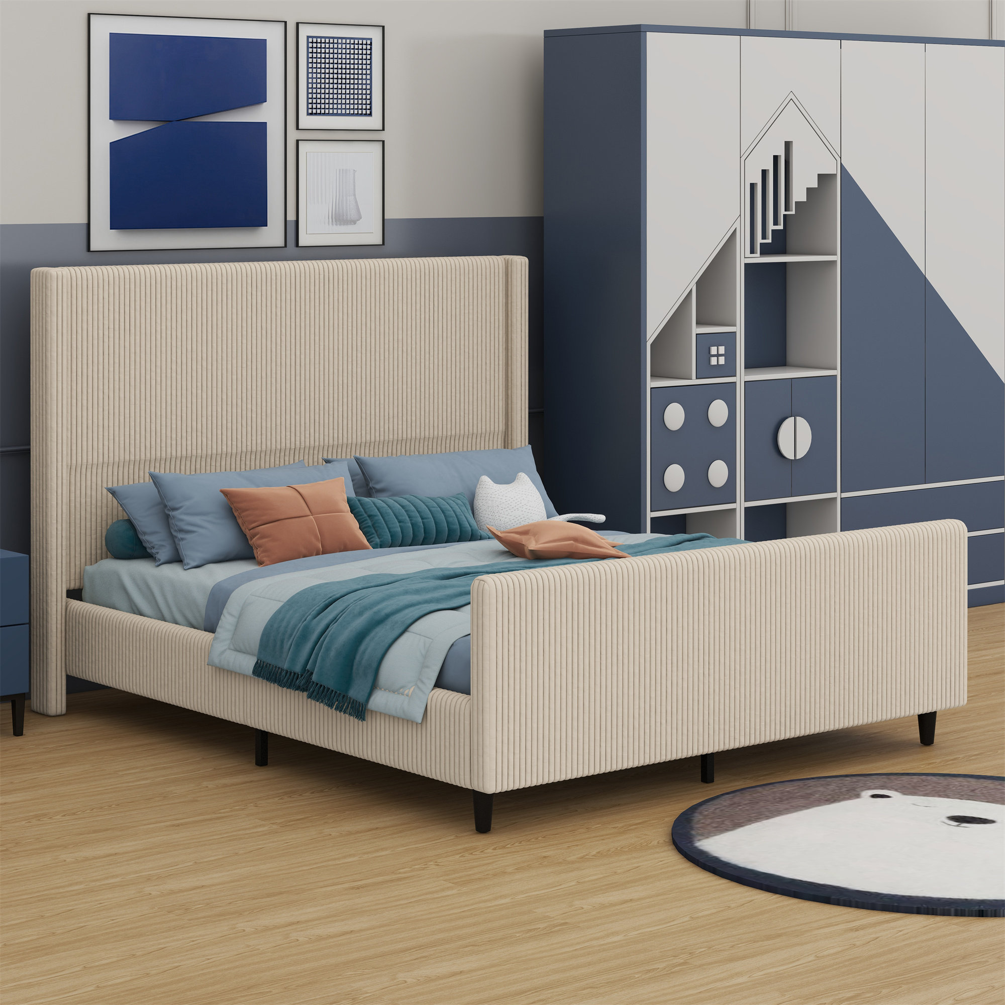 Hokku Designs Upholstered Bed Frame With Vertical Stripe Wingback And ...