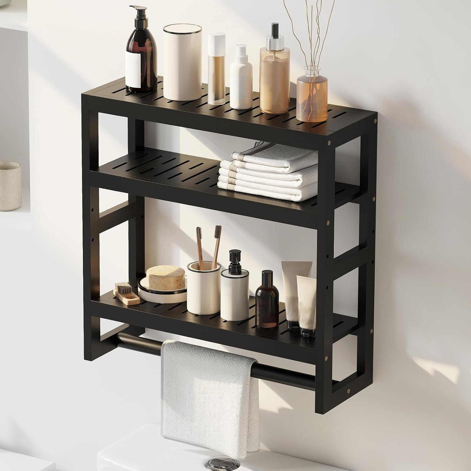 Latitude Run® Shelves 2 Tiers Floating Shelf With Hanging Bar Over The ...