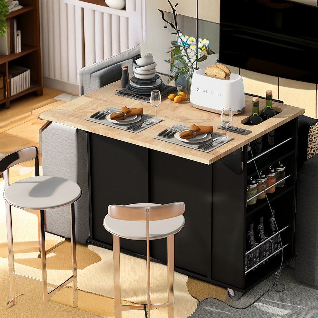 Wildon Home® Adryann Kitchen Island with Power Outlet, Drop Leaf, Wine ...