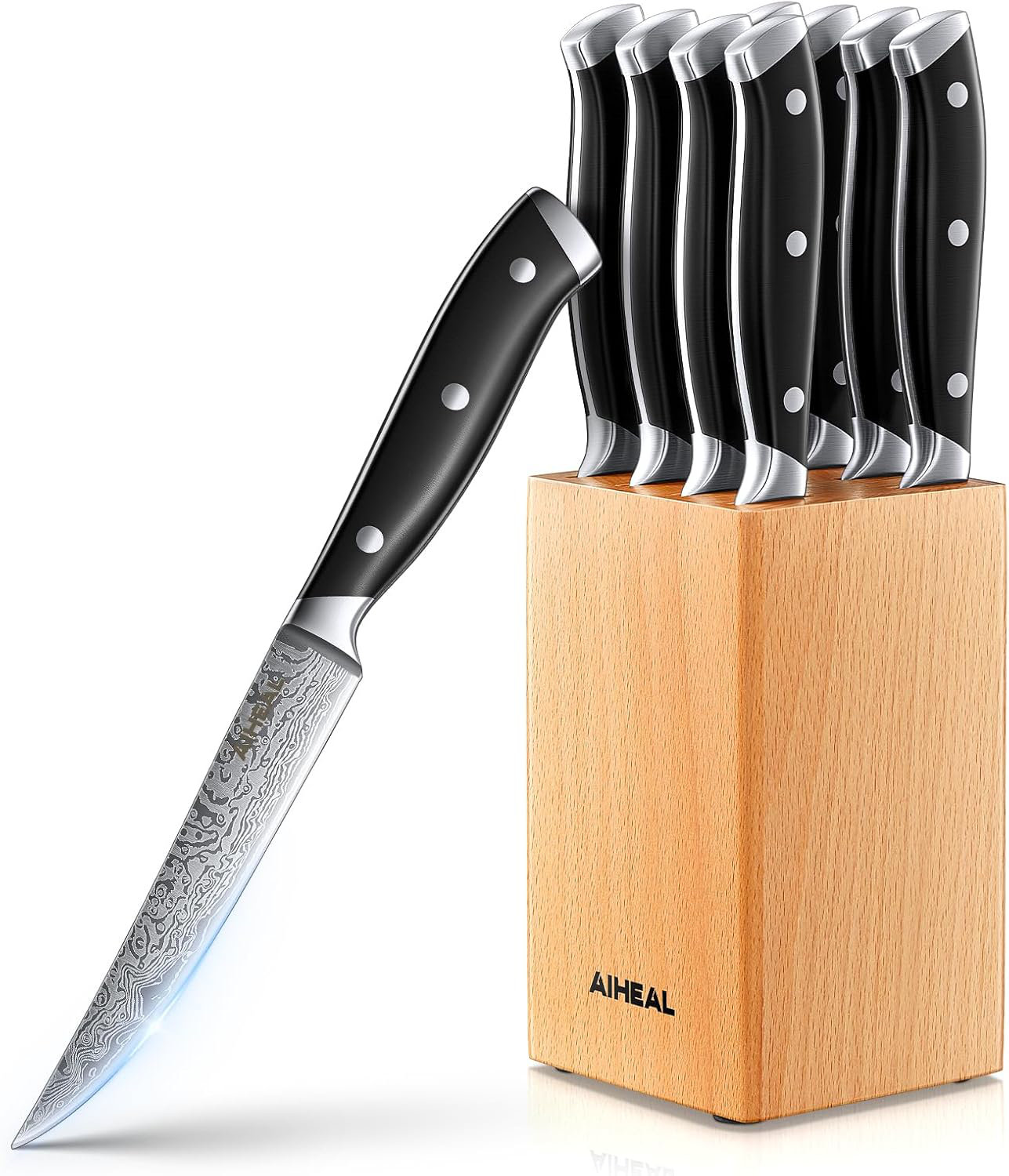Aiheal Steak Knives Set of 8 with Beech Block, Unique Damascus Pattern ...