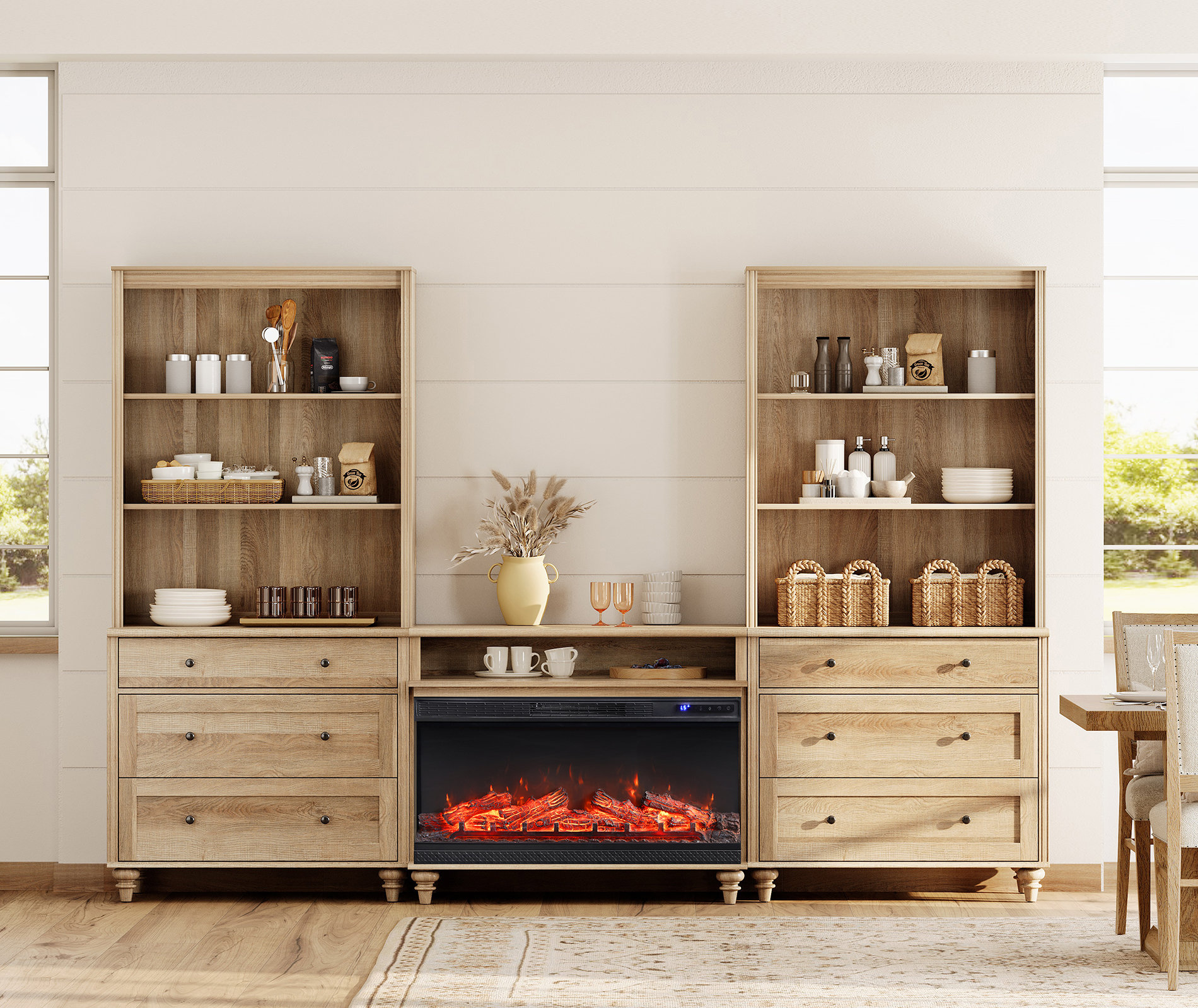 Alcott Hill Sideboard Cabinet With Bar Hutch, Vintage Wood Grain Design ...