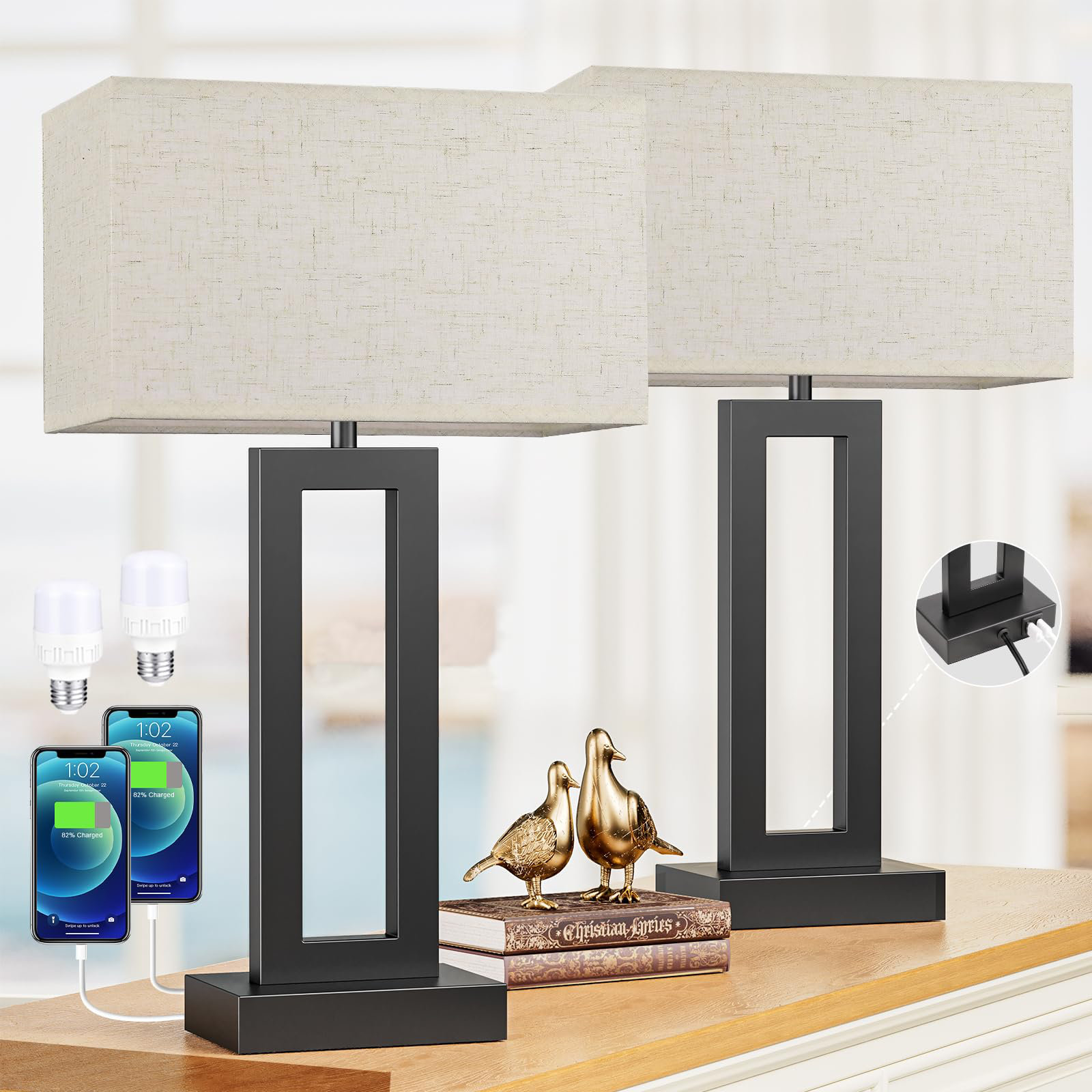 Latitude Run® 3-Way Dimmable Table Lamp Set Of 2 With USB Charging ...