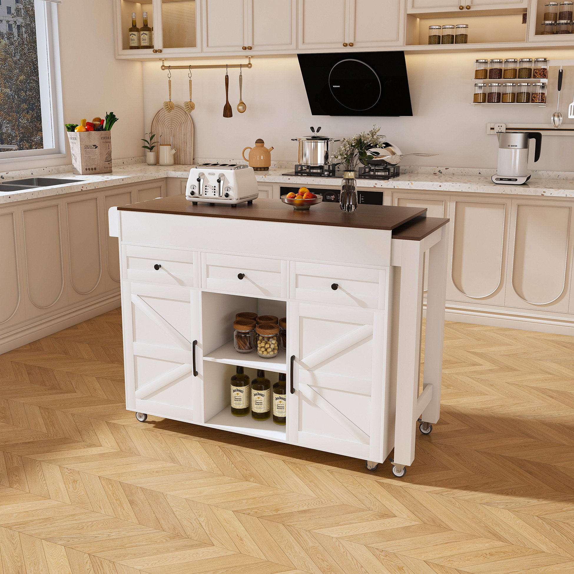 Ophelia & Co. 74.8" Kitchen Island With Extendable Dining Table & Power ...