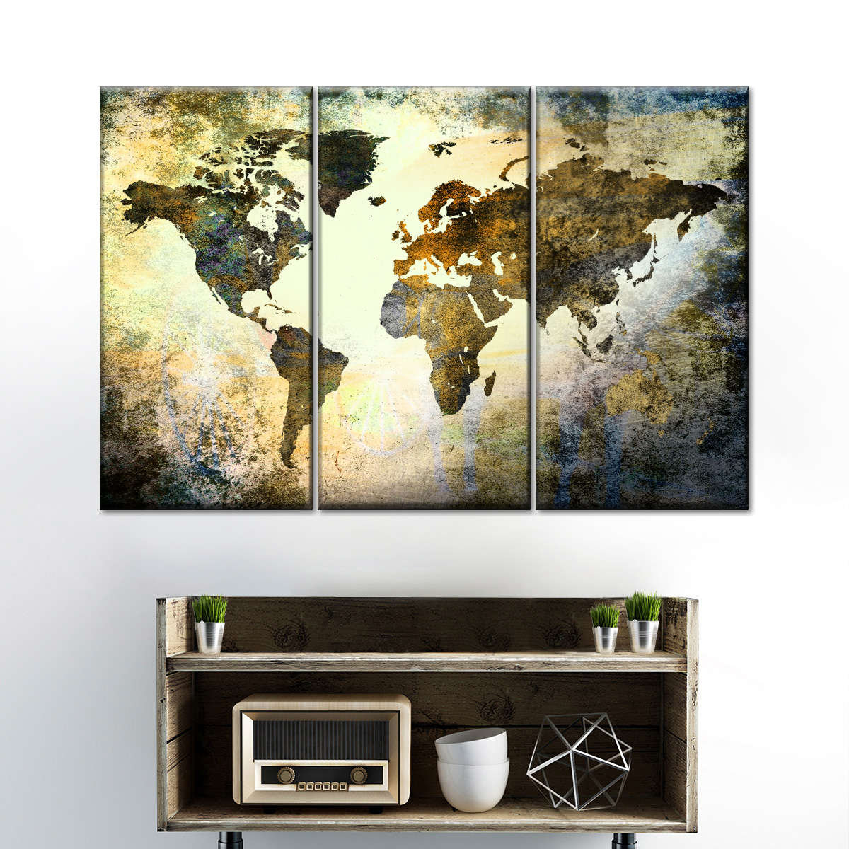 Williston Forge Earthy Texture World Map On Canvas 3 Pieces Set | Wayfair