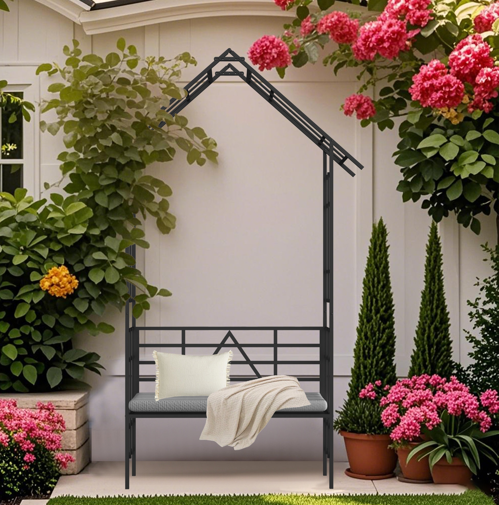 Novobey Metal Garden Arch with Bench Turned into Flower Stand H97.24 ...