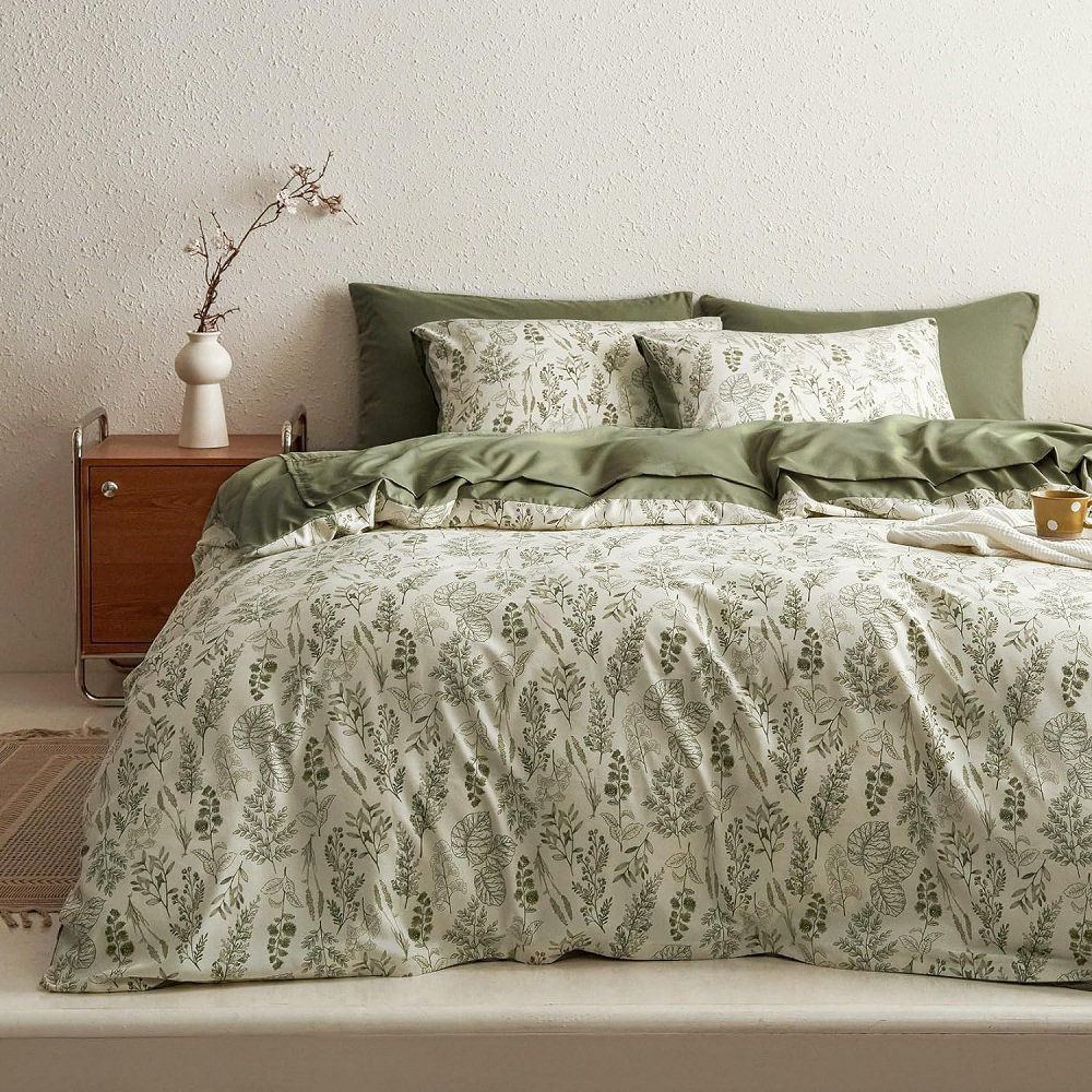 Nayoroom W-SJT-QingDai Green Leaves Flowers Plants Reversible Bedding ...