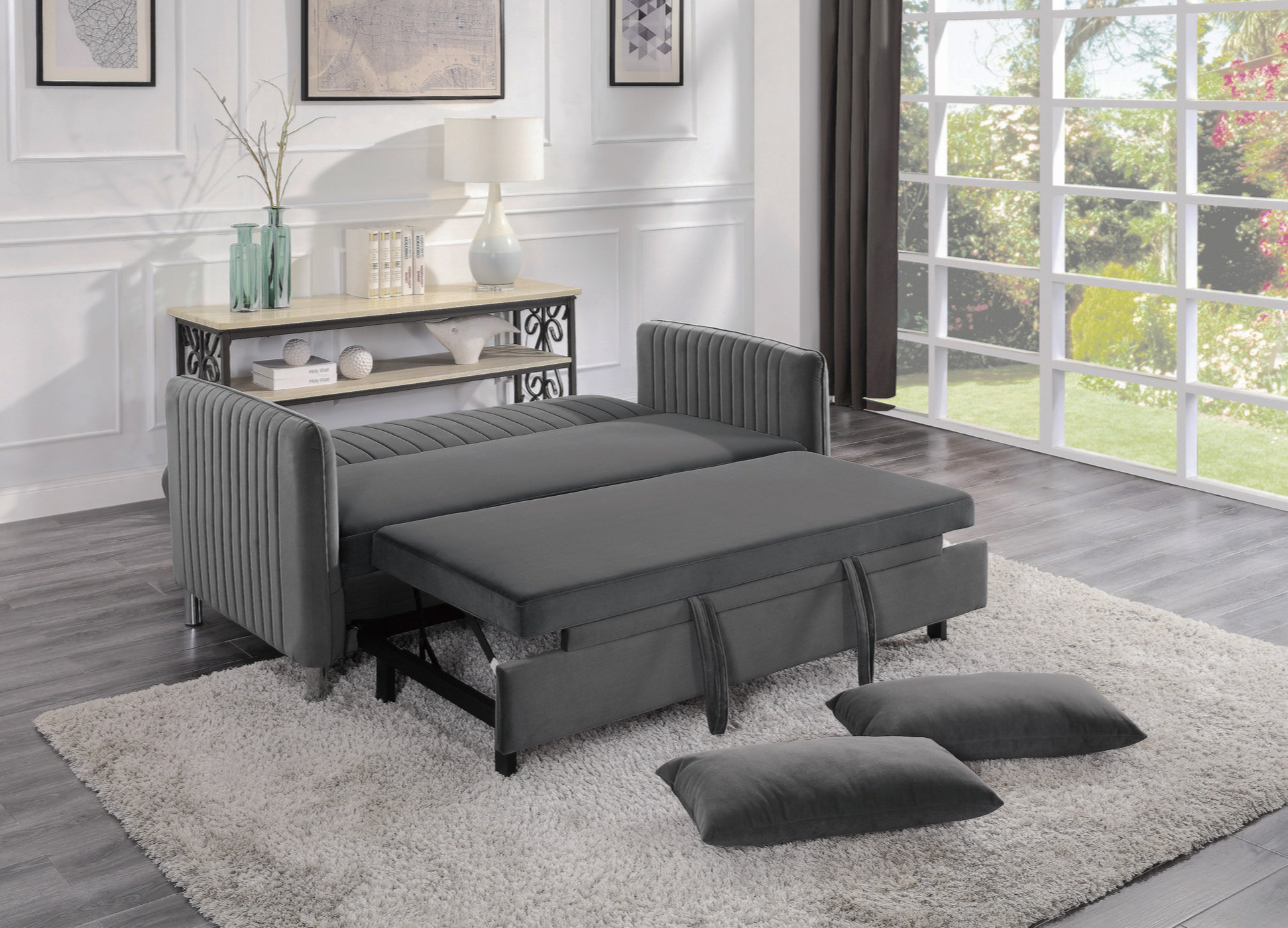 Orren Ellis Convertible Studio Sofa With Pull-Out Bed Pillows ...