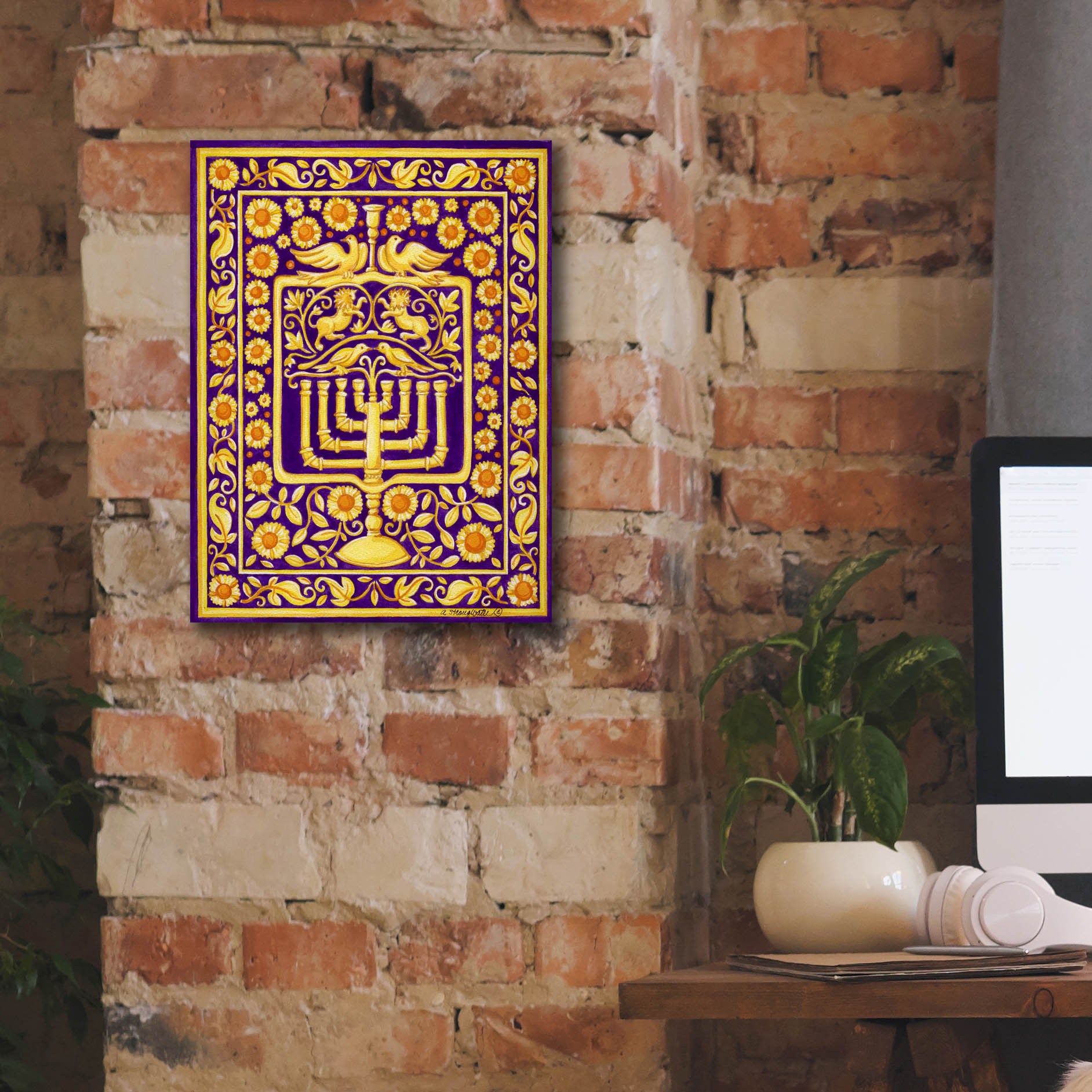 The Holiday Aisle® 'Hanukah Menorah On Purple' by Andrea Strongwater ...