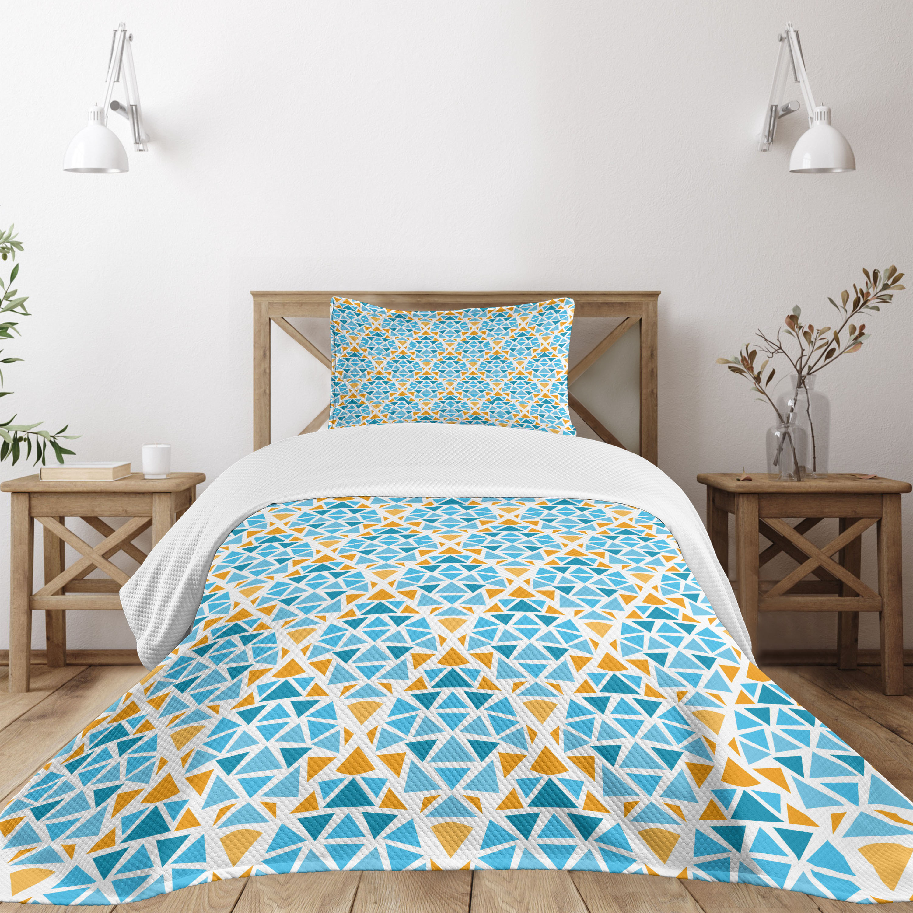 Ambesonne Yellow and Blue Bedspread Set Triangle Motif Aqua Teal ...