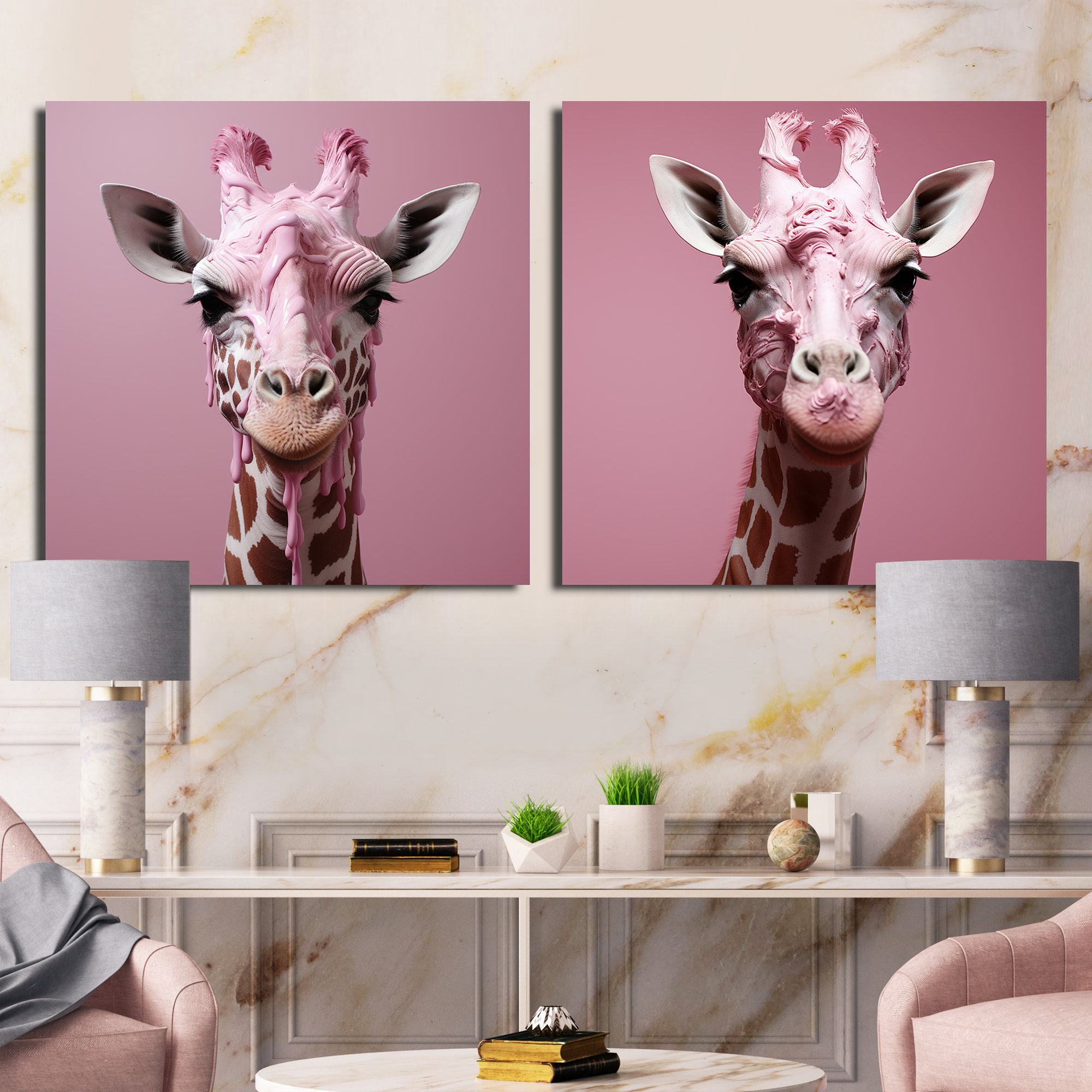 Trinx Pink Giraffe Romantic Stance - Animals Giraffe Square Collage Set ...