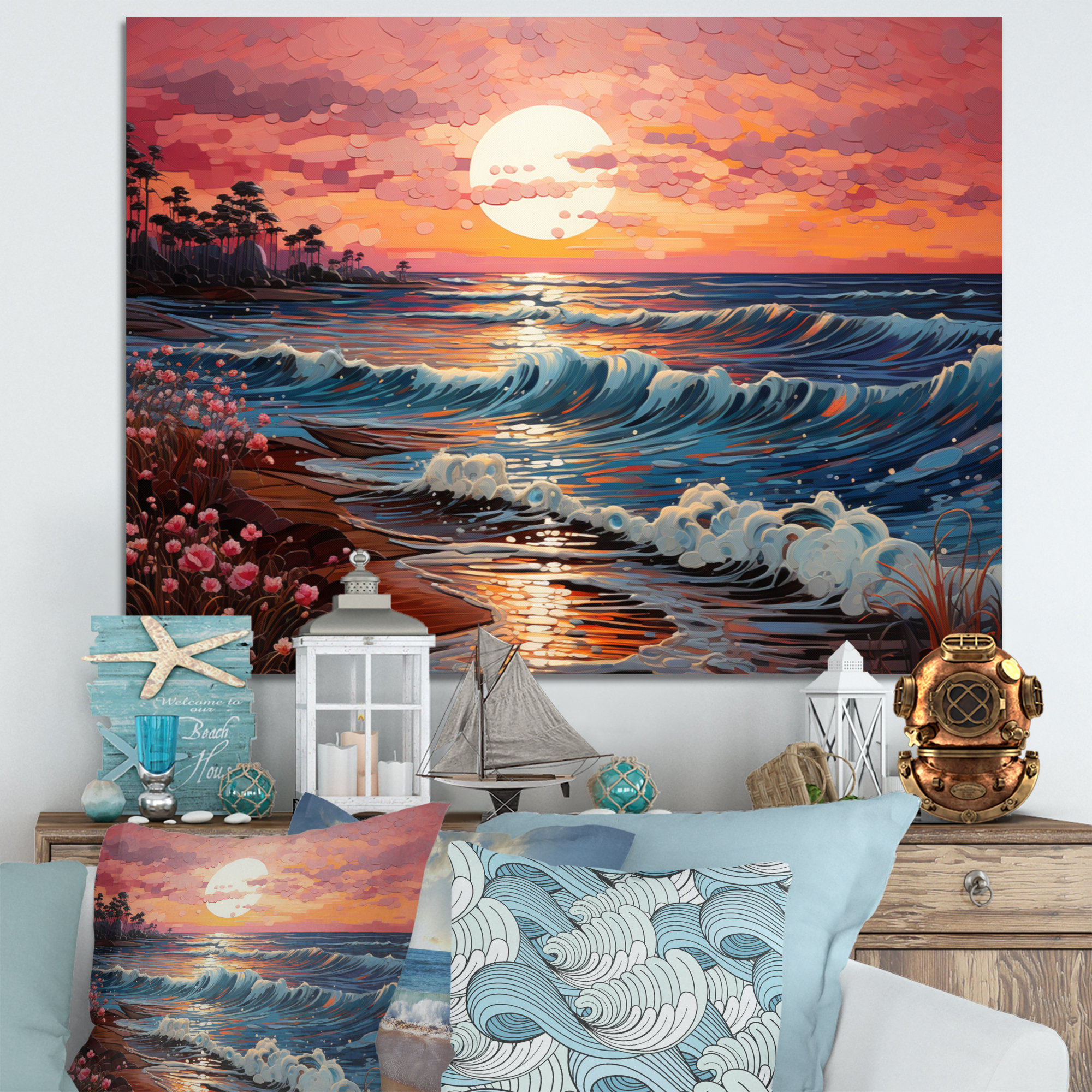 Dovecove Beach Crimson Sunset Pointillism - Nautical & Beach Wall Art ...