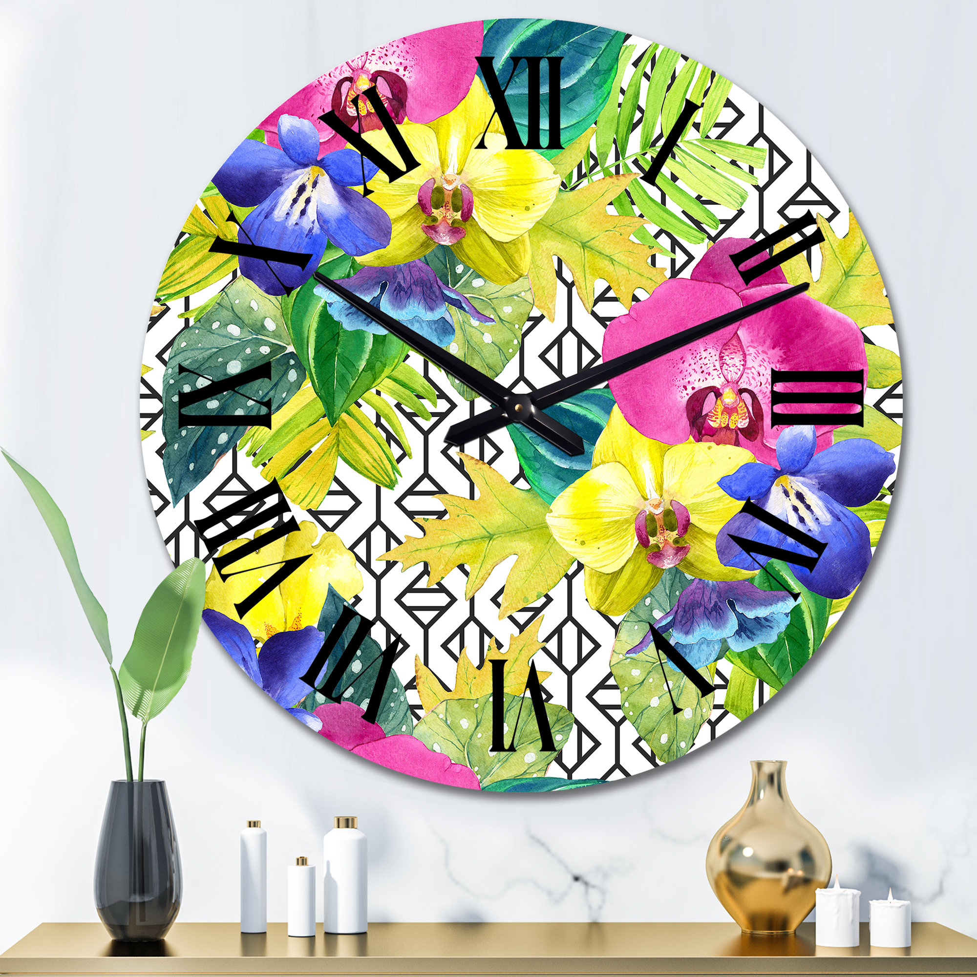 East Urban Home Yellow Blue and Fuchia Orchids on Grid - Tropical Wall ...