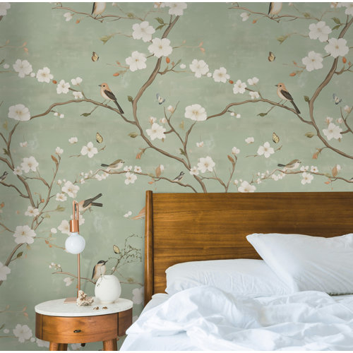 Charlton Home® Serene Spring Birds and Blossoms Wallpaper Chinoiserie ...