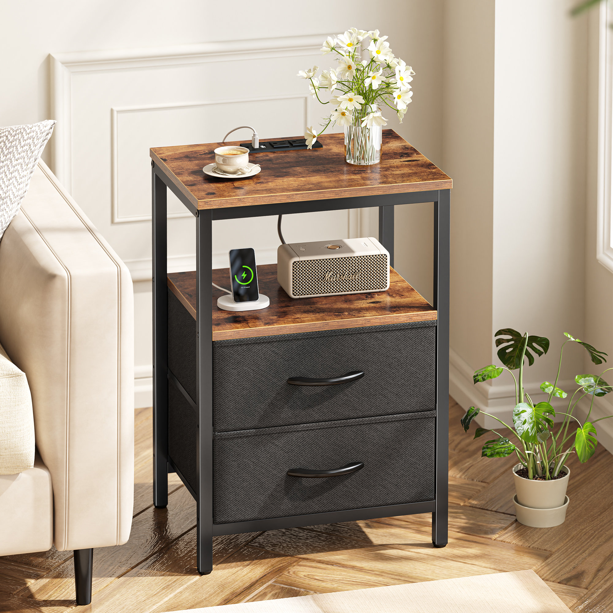 Rebrilliant Millang Nightstand with 2 Drawers & Outlets,night stand ...