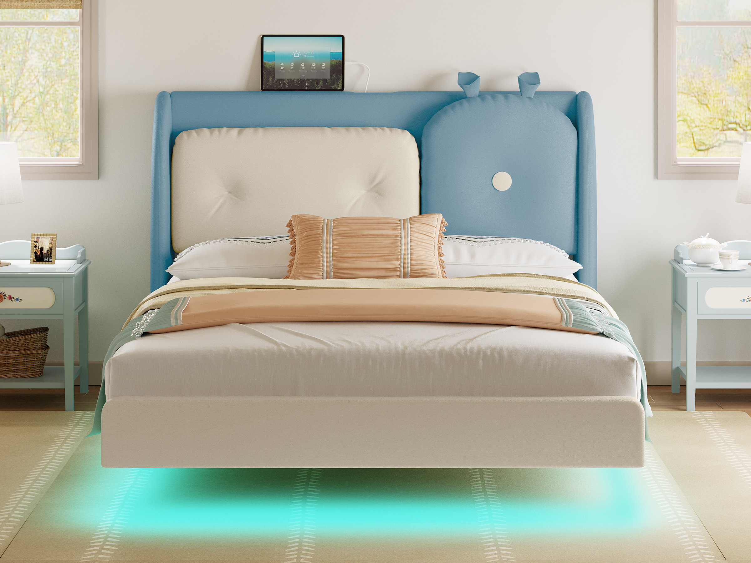 Zoomie Kids Floating Bed Frame With Headboard, Upholstered Platform Bed ...